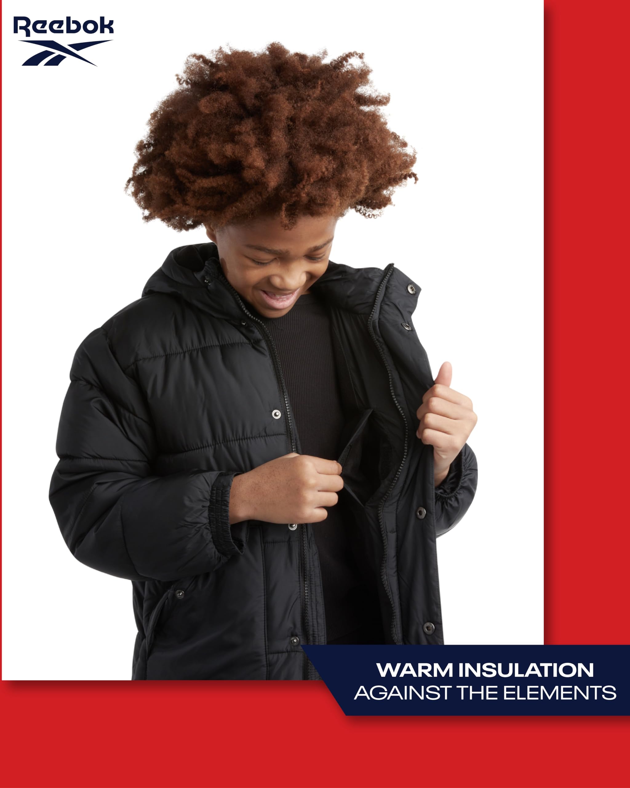Reebok Boys' Winter Coat - Heavyweight Quilted Puffer Snow Parka - Weather Resistant Ski Jacket for Boys (8-20), Size 14-16, Premium Black