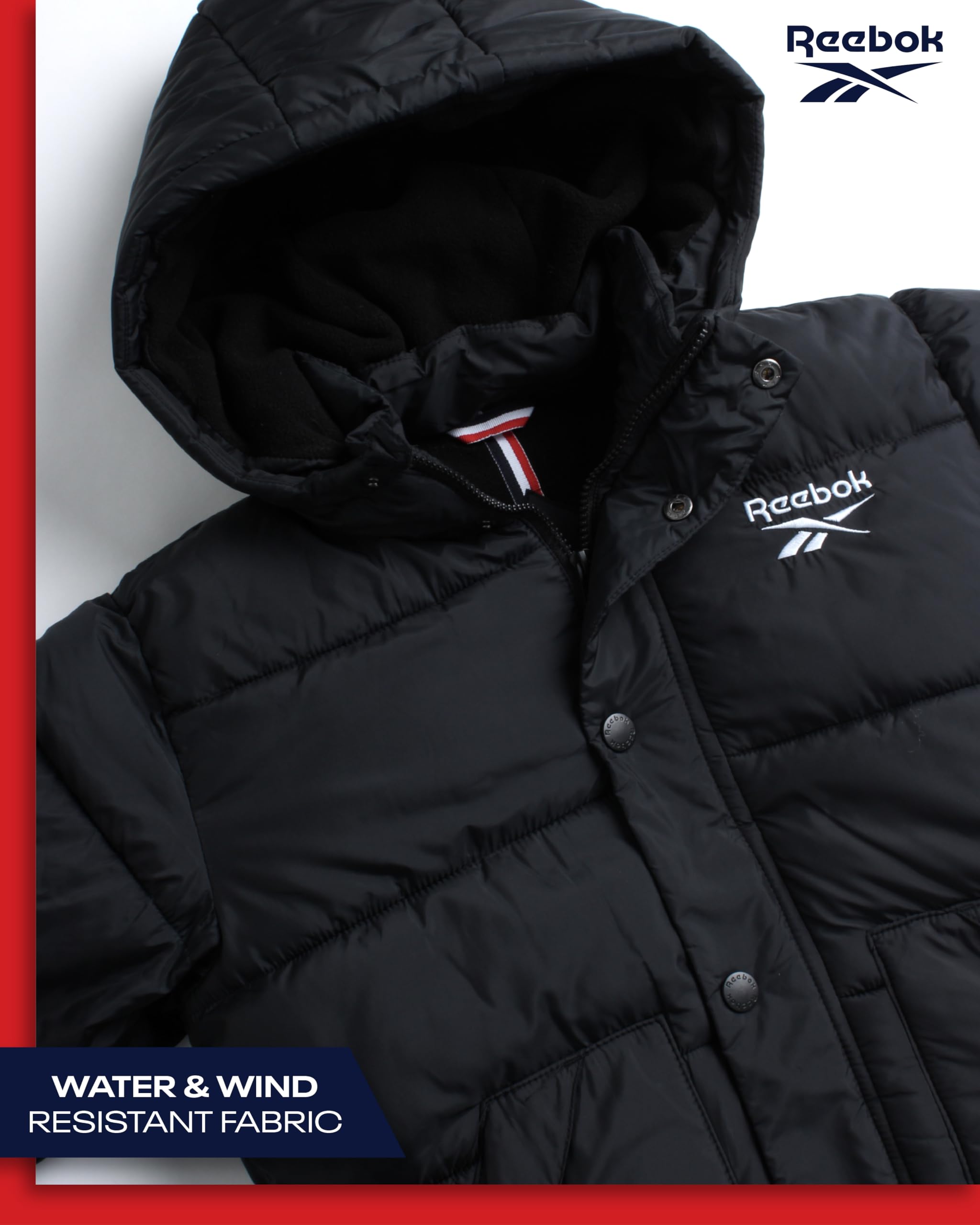 Reebok Boys' Winter Coat - Heavyweight Quilted Puffer Snow Parka - Weather Resistant Ski Jacket for Boys (8-20), Size 14-16, Premium Black
