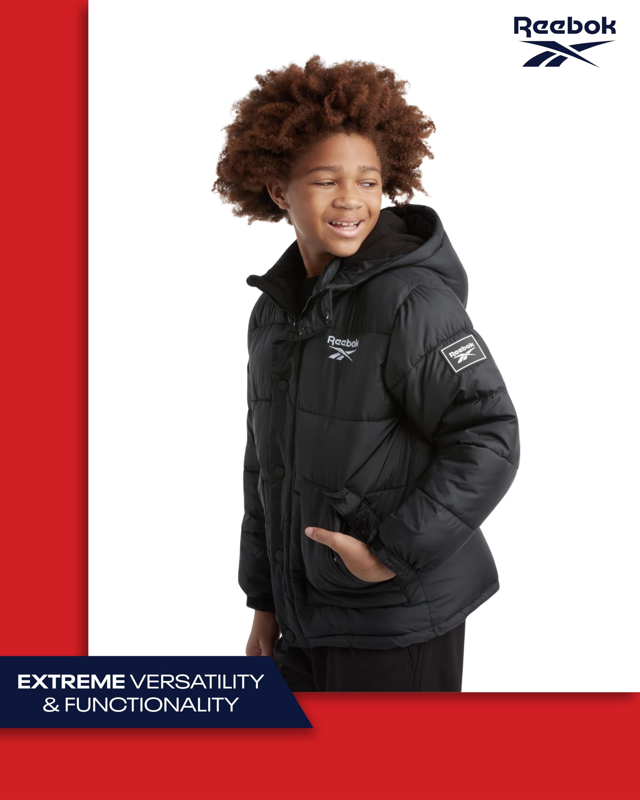 Reebok Boys' Winter Coat - Heavyweight Quilted Puffer Snow Parka - Weather Resistant Ski Jacket for Boys (8-20), Size 14-16, Premium Black