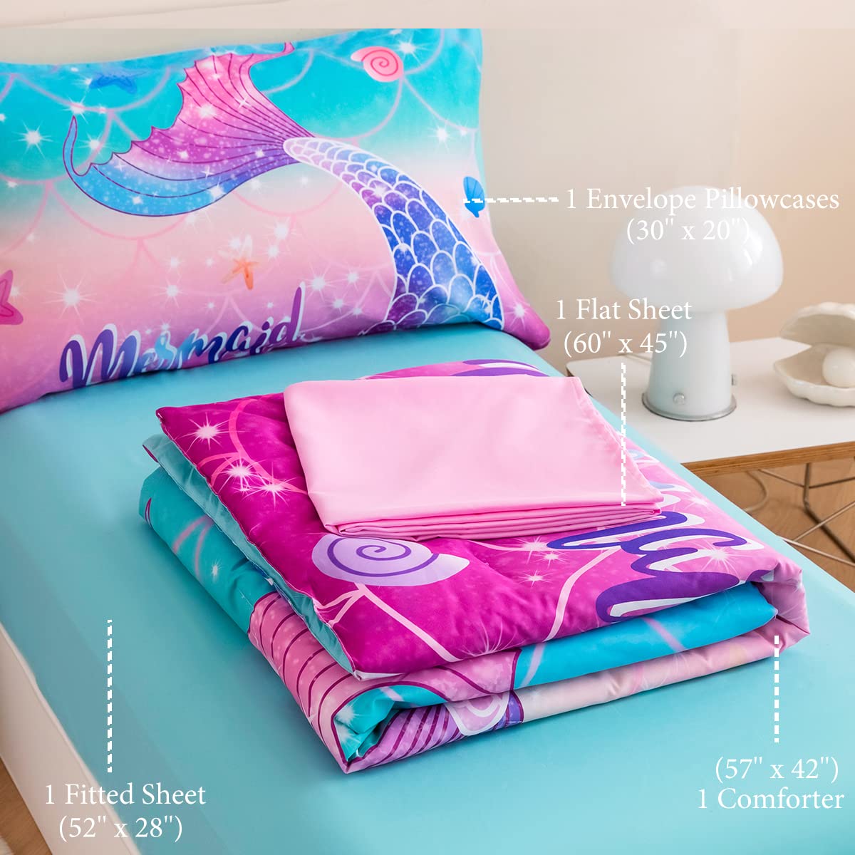 ZRNBAST Toddler Bedding Sets for Girls 4 Pcs Mermaid Tail Toddler Comforter Set Pink Turquoise Gradient Rainbow Colorful Toddler Bedding for Girl Bed, Pink Blue Fish Scale