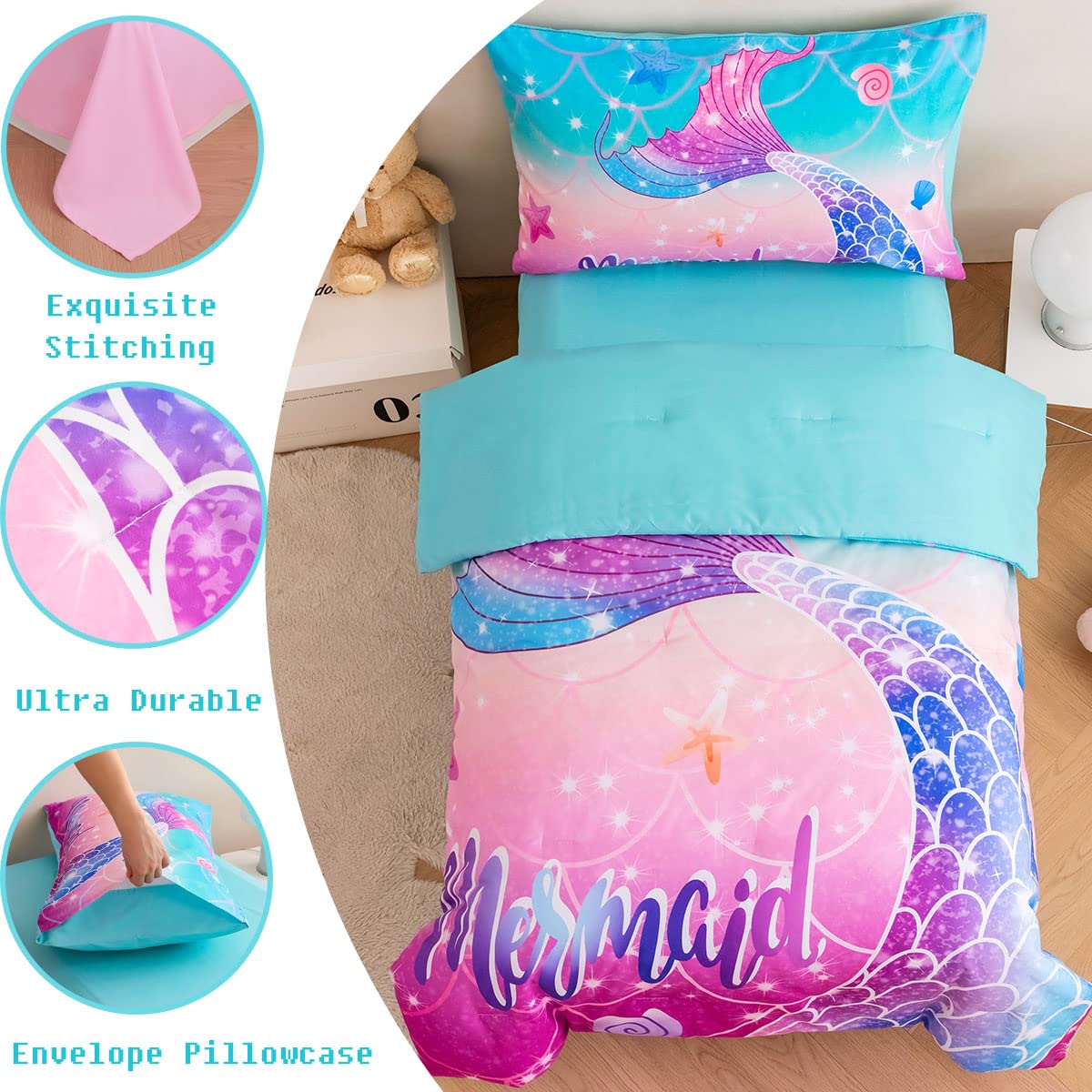 ZRNBAST Toddler Bedding Sets for Girls 4 Pcs Mermaid Tail Toddler Comforter Set Pink Turquoise Gradient Rainbow Colorful Toddler Bedding for Girl Bed, Pink Blue Fish Scale