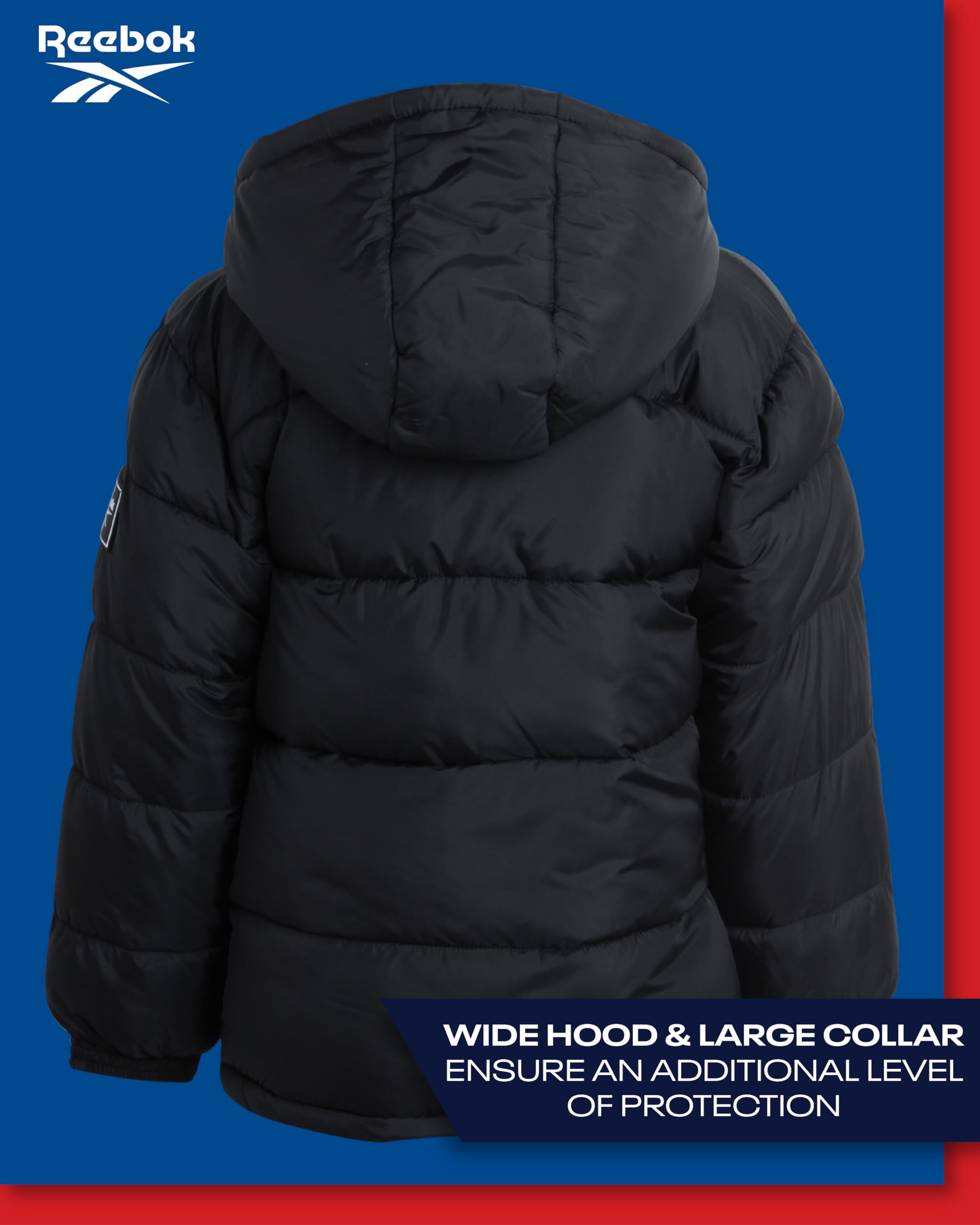 Reebok Boys' Winter Coat - Heavyweight Quilted Puffer Snow Parka - Weather Resistant Ski Jacket for Boys (8-20), Size 14-16, Premium Black