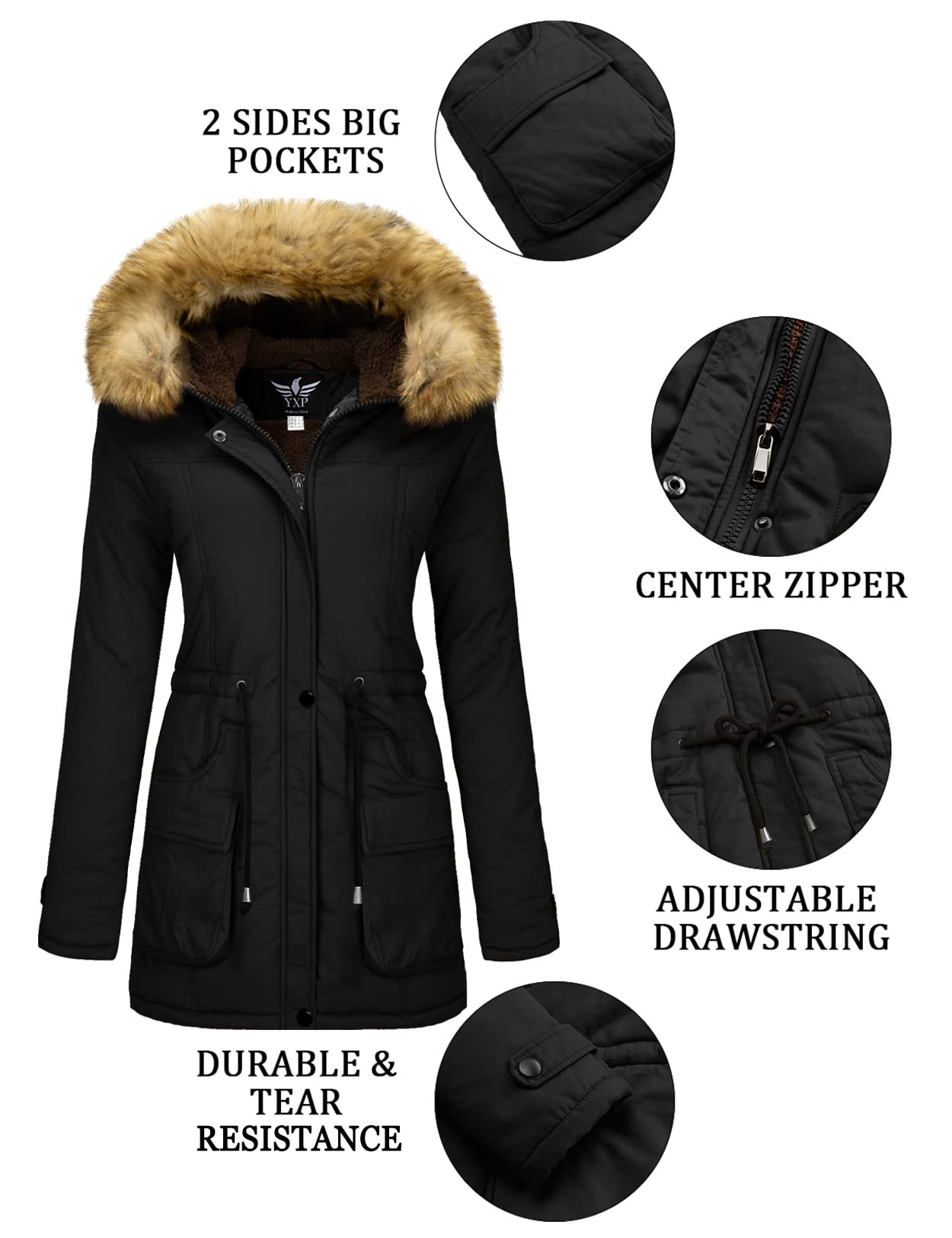YXP Women's Winter Thicken Military Parka Jacket Warm Fleece Cotton Coat with Fur Hood (Black,M)