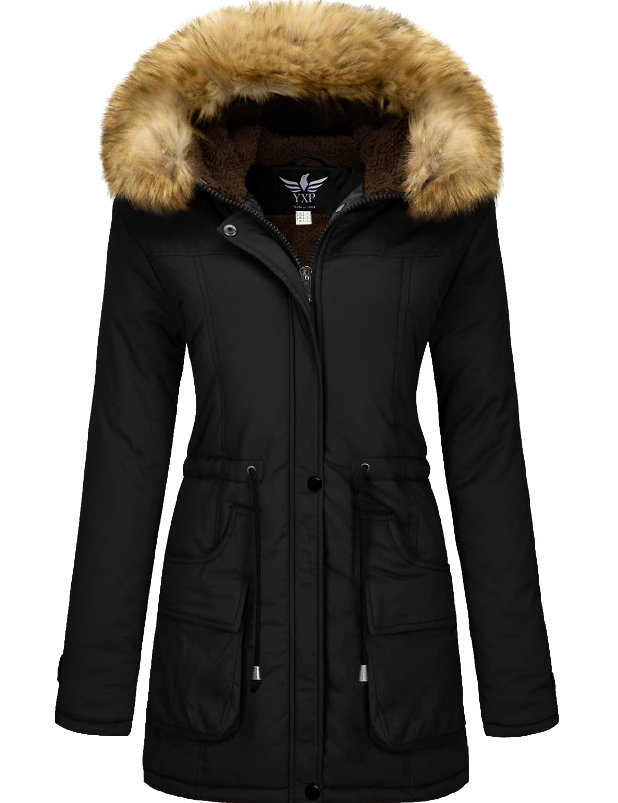 YXP Women's Winter Thicken Military Parka Jacket Warm Fleece Cotton Coat with Fur Hood (Black,M)