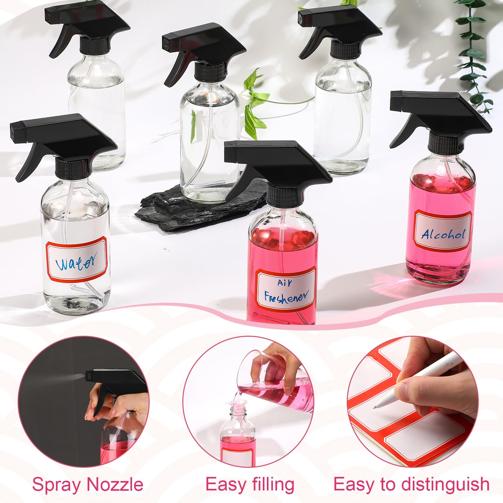 Norme 12 Pcs 8 oz Glass Spray Bottles with Funnels and Labels Refillable Cosmetic Empty Spray Bottles with Sprayer Containers for Essential Oil Cleaning Solutions(Clear,Classic)