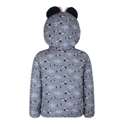 Disney Girl's Minnie Mouse Print Hooded Puffer Jacket with Ears and Pink Bow, Grey, Size 5