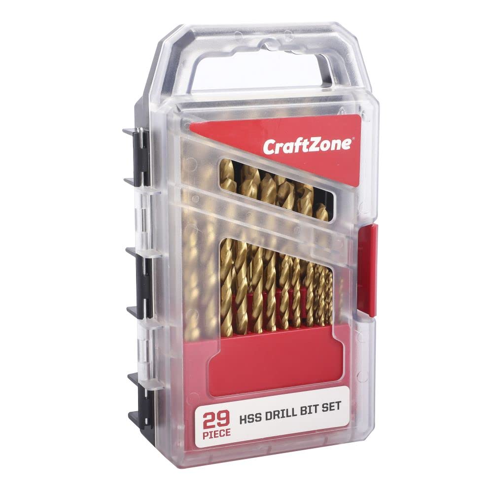 CRAFTZONE 29PC Titanium Nitride Coated High Speed Steel Metal Drill BIT Set, 135° Split Point, 1/16" - 1/2" for Wood, Plastic, Aluminum Alloy, Metal with Storage Case