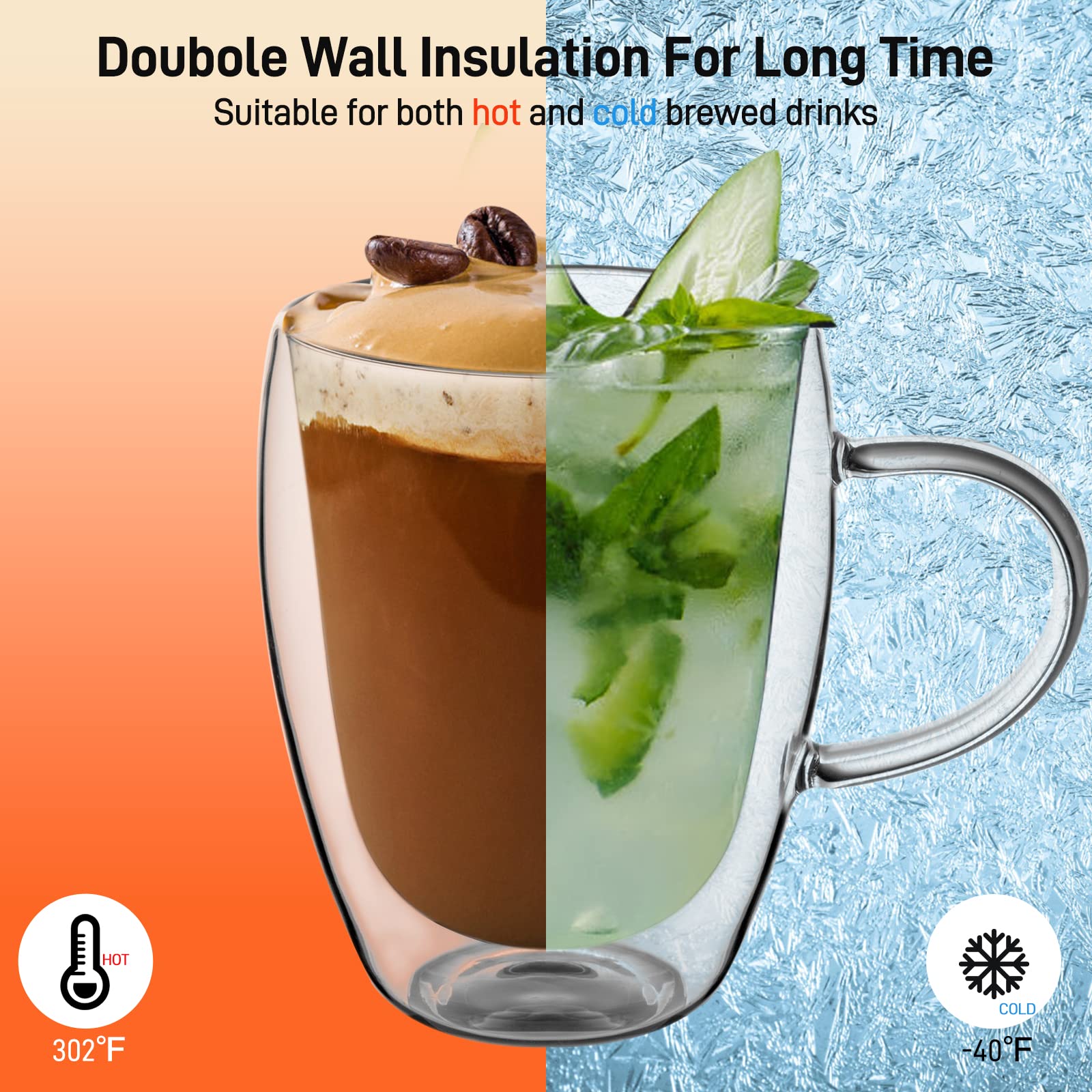 Dyserbuy Double Wall Glass Coffee Mugs Set of 4, 12oz Insulated Espresso Cups Coffee Cups, Drinking Glasses with Handle, Perfect for Latte,Cappuccino,Hot Chocolate,Tea and Juice