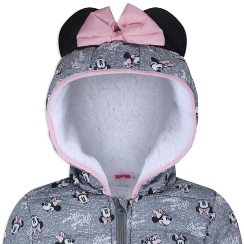 Disney Girl's Minnie Mouse Print Hooded Puffer Jacket with Ears and Pink Bow, Grey, Size 5
