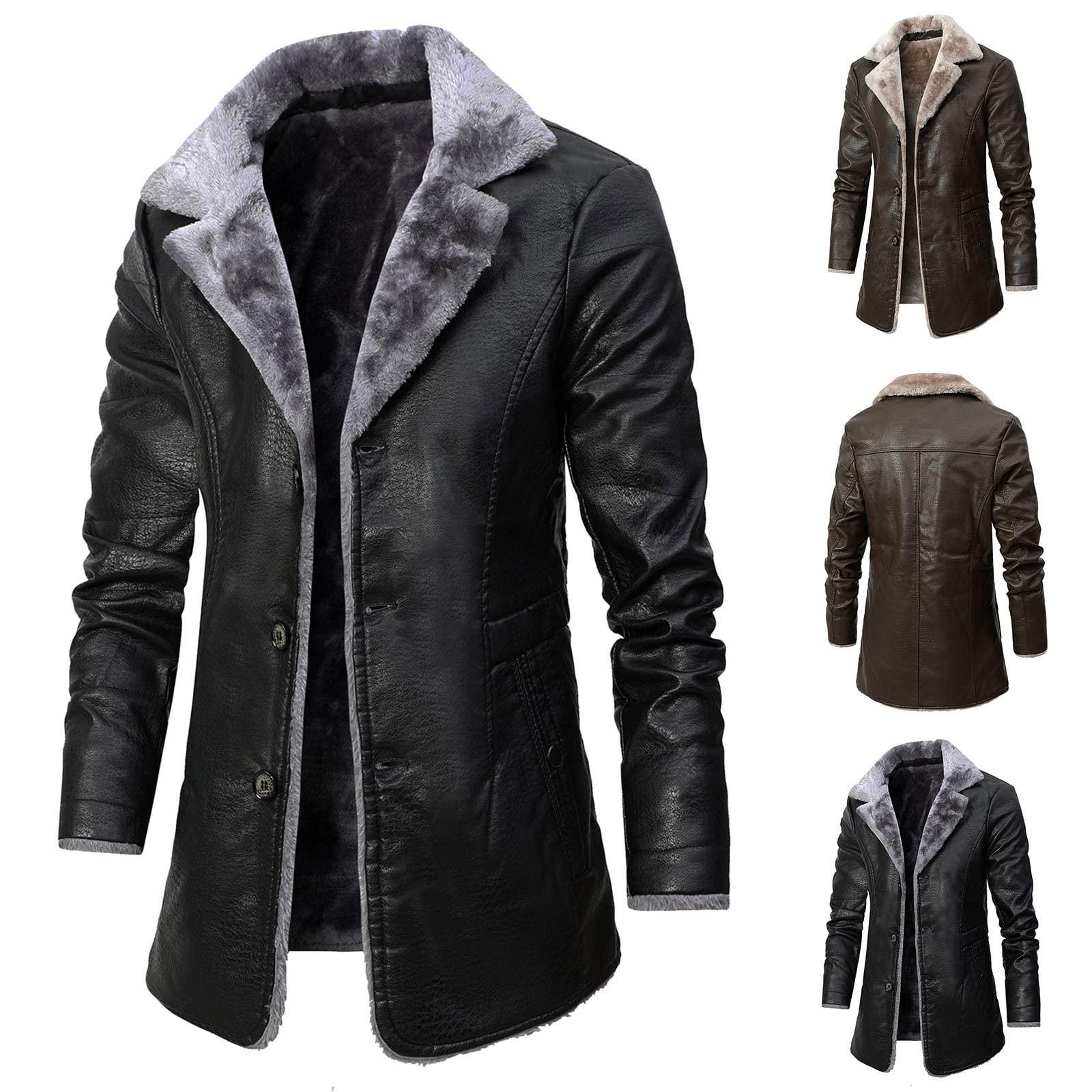 Hatop Men's Winter Fleece Jacket Sherpa Lined Faux Leather Jacket Warm Outwear Coat with Fur Collar, Black, 3X-Large