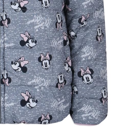 Disney Girl's Minnie Mouse Print Hooded Puffer Jacket with Ears and Pink Bow, Grey, Size 5