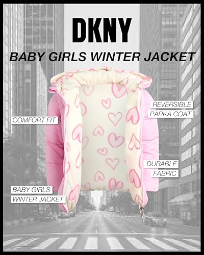 DKNY Baby Girls Winter Jacket β Reversible Puffer Jacket with Fleece Lining β Reversible Coat for Infants/Toddlers (12M-4T), Size 4T, Medium Pink/Pink Cream Hearts