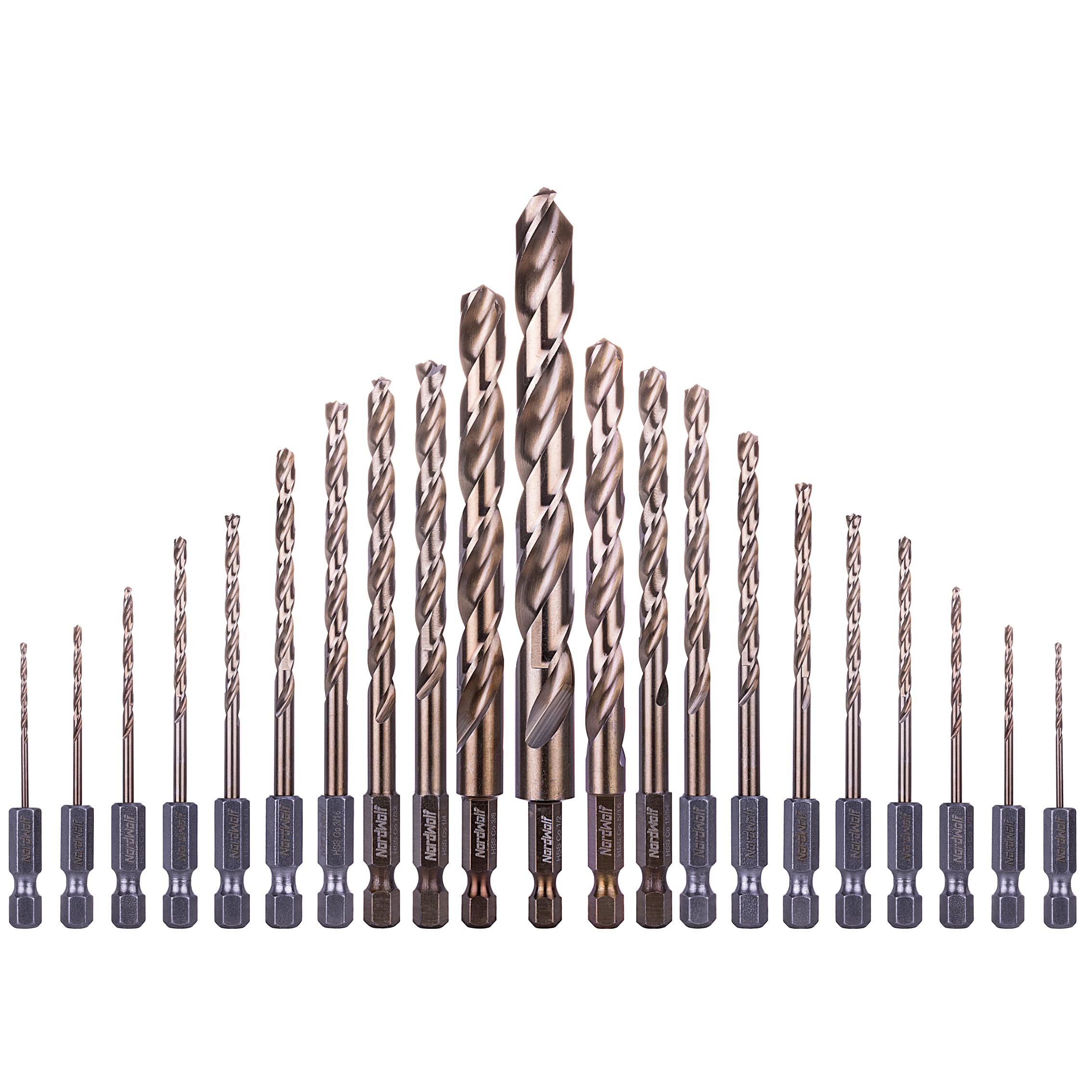 NordWolf 21-Piece M35 Cobalt Drill Bit Set for Stainless Steel, Hard Metals & Cast Iron, Jobber Length with 1/4" Hex Shank, SAE Sizes 1/16" to 1/2" in Storage Case