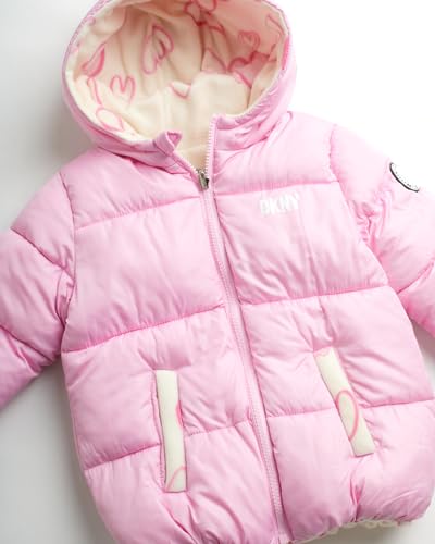 DKNY Baby Girls Winter Jacket β Reversible Puffer Jacket with Fleece Lining β Reversible Coat for Infants/Toddlers (12M-4T), Size 4T, Medium Pink/Pink Cream Hearts