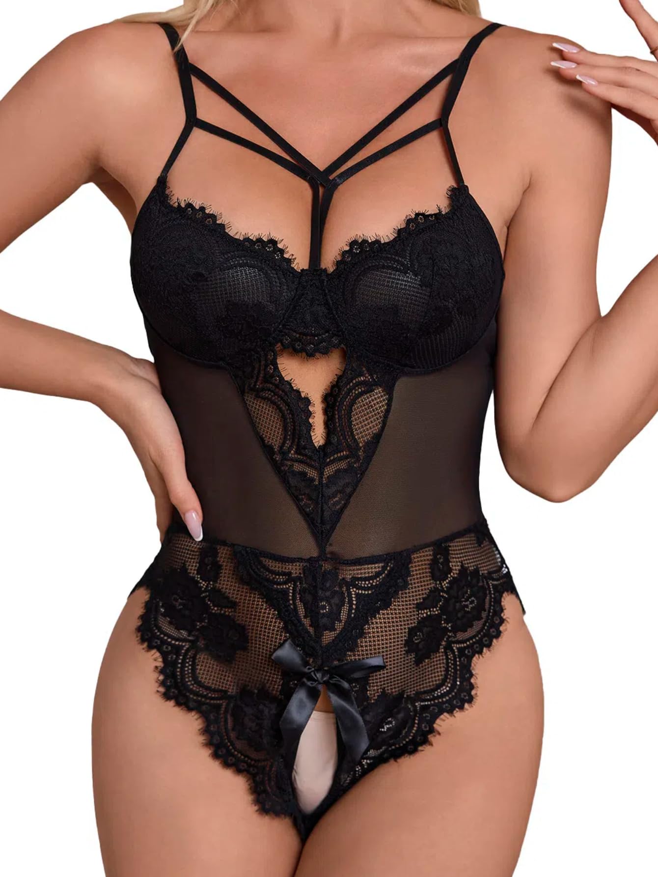 SOLY HUX Women's Floral Lace Cutout Lingerie Bodysuit One Piece Teddy Babydoll Black L