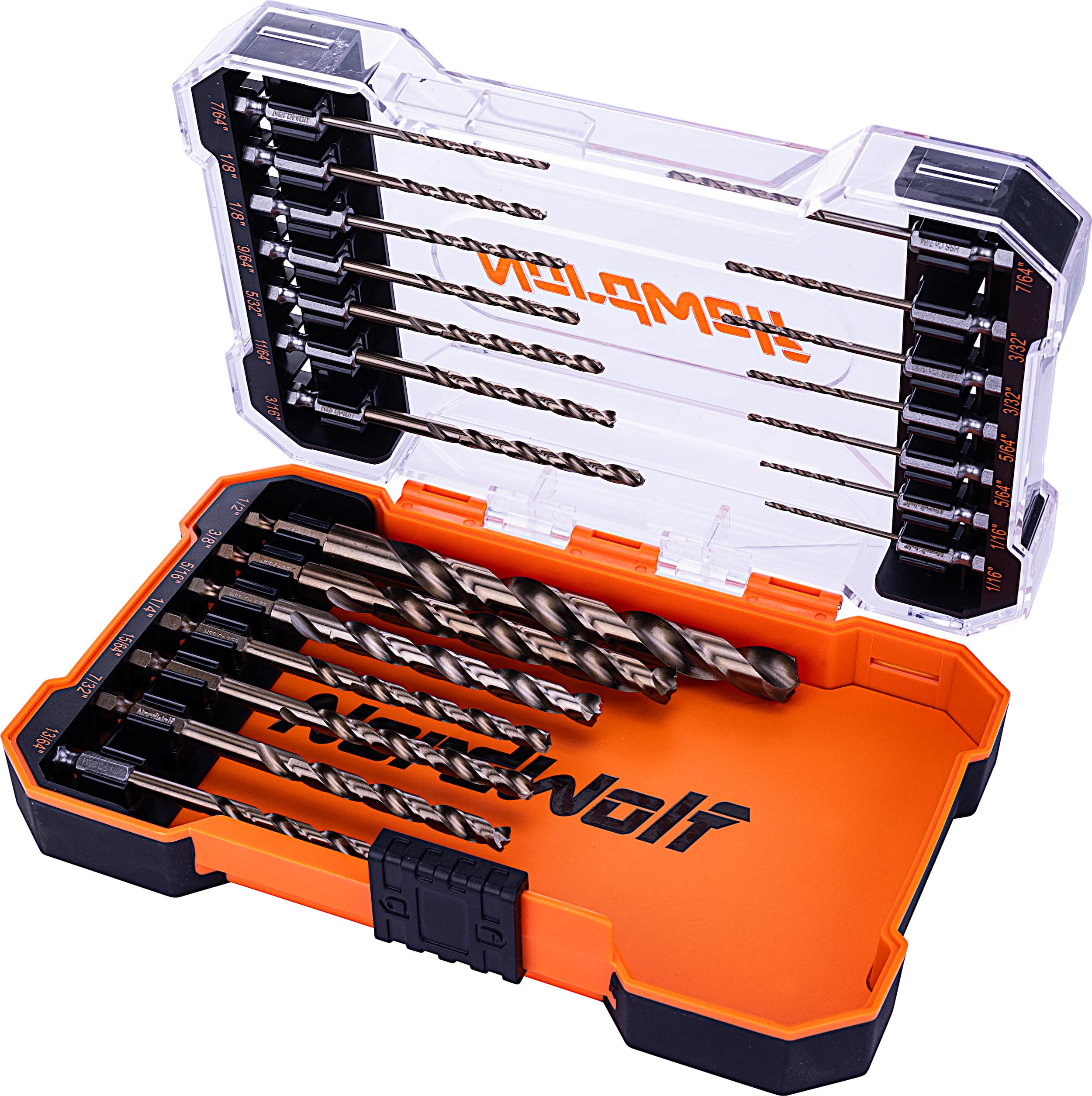 NordWolf 21-Piece M35 Cobalt Drill Bit Set for Stainless Steel, Hard Metals & Cast Iron, Jobber Length with 1/4" Hex Shank, SAE Sizes 1/16" to 1/2" in Storage Case