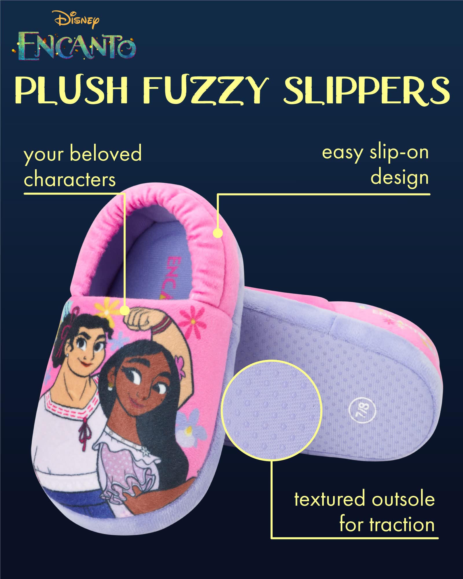 Disney Girls' Encanto Slippers - Mirabel and Luisa Plush Fuzzy Slippers, Non-Skid Sole (5-12), Size 7/8, Mirabel And Luisa