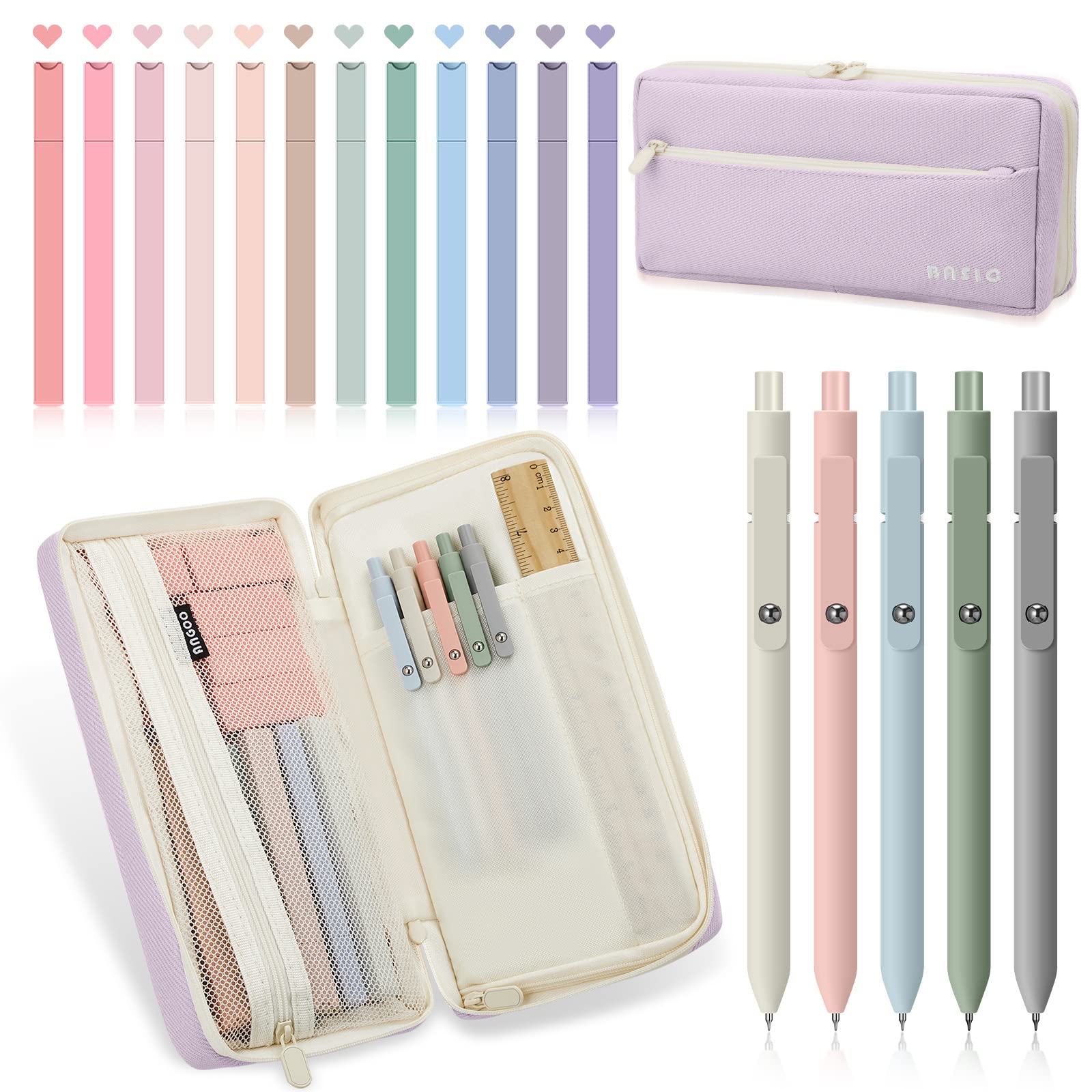 PerKoop 18 Pcs Aesthetic School Supplies Include Big Capacity Zipper Pen Case Bag 12 Pcs Assorted Colors Cute Aesthetic Highlighter 5 Pcs Retractable Black Ink Pens for School Office (Purple)