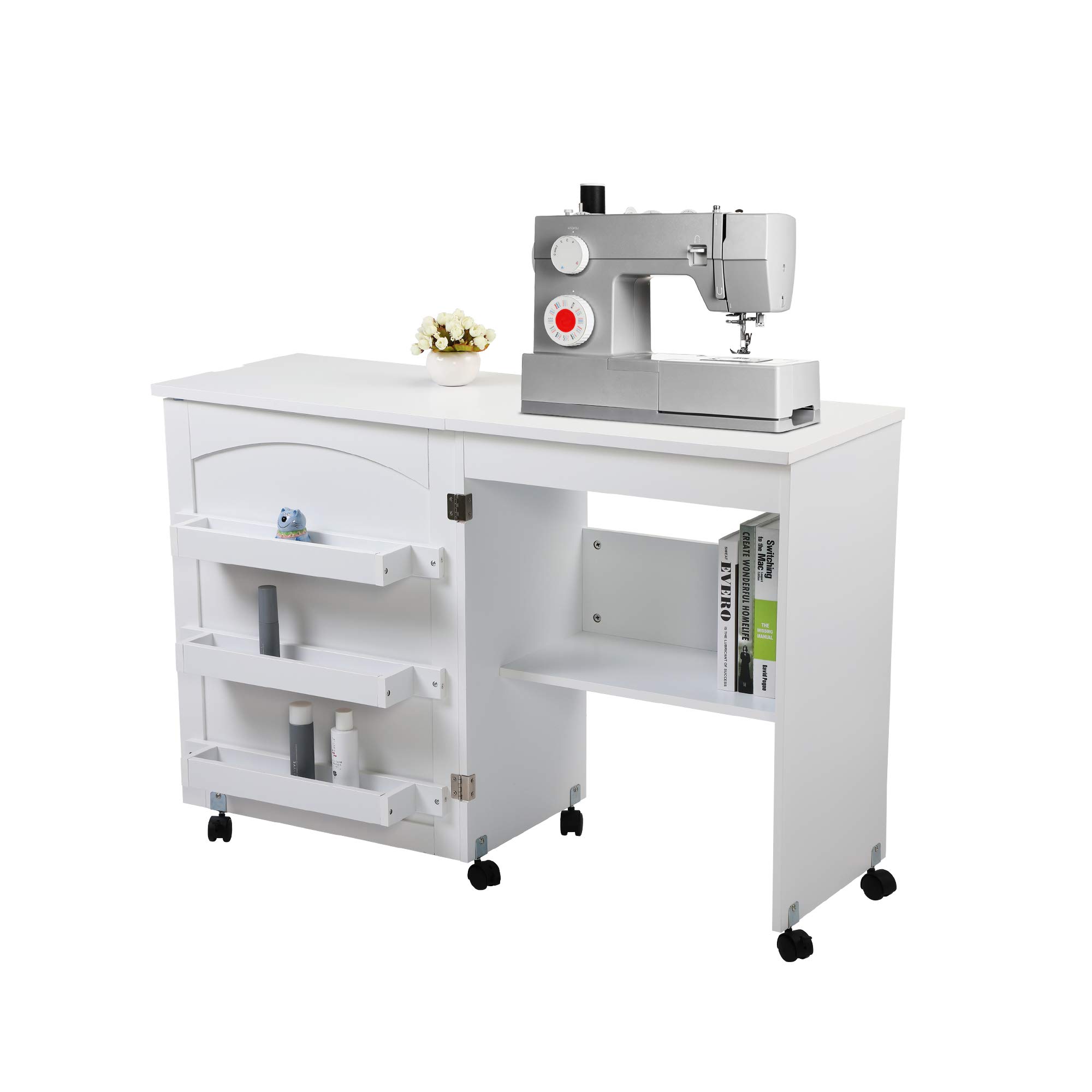 ANNECOSK Folding Sewing Table, Sewing Machine Craft Table with Storage Cabinet Shelves, Lockable Wheels, Adjustable Portable Rolling Sewing Desk for Apartment Small Spaces, White