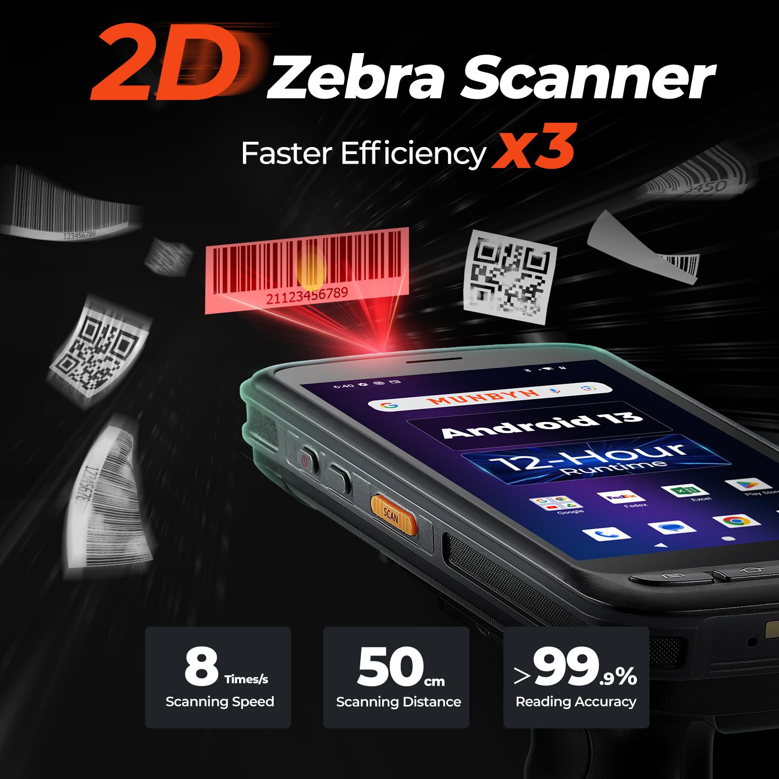 Newest 2023 Android Barcode Scanner MUNBYN Handheld Mobile Computer 1D/2D QR Zebra Scanner with Pistol Grip Android 11 Data Terminal IP65 Rugged PDA 4G Wi-Fi GPS BT 8000mAh Battery for WMS Management