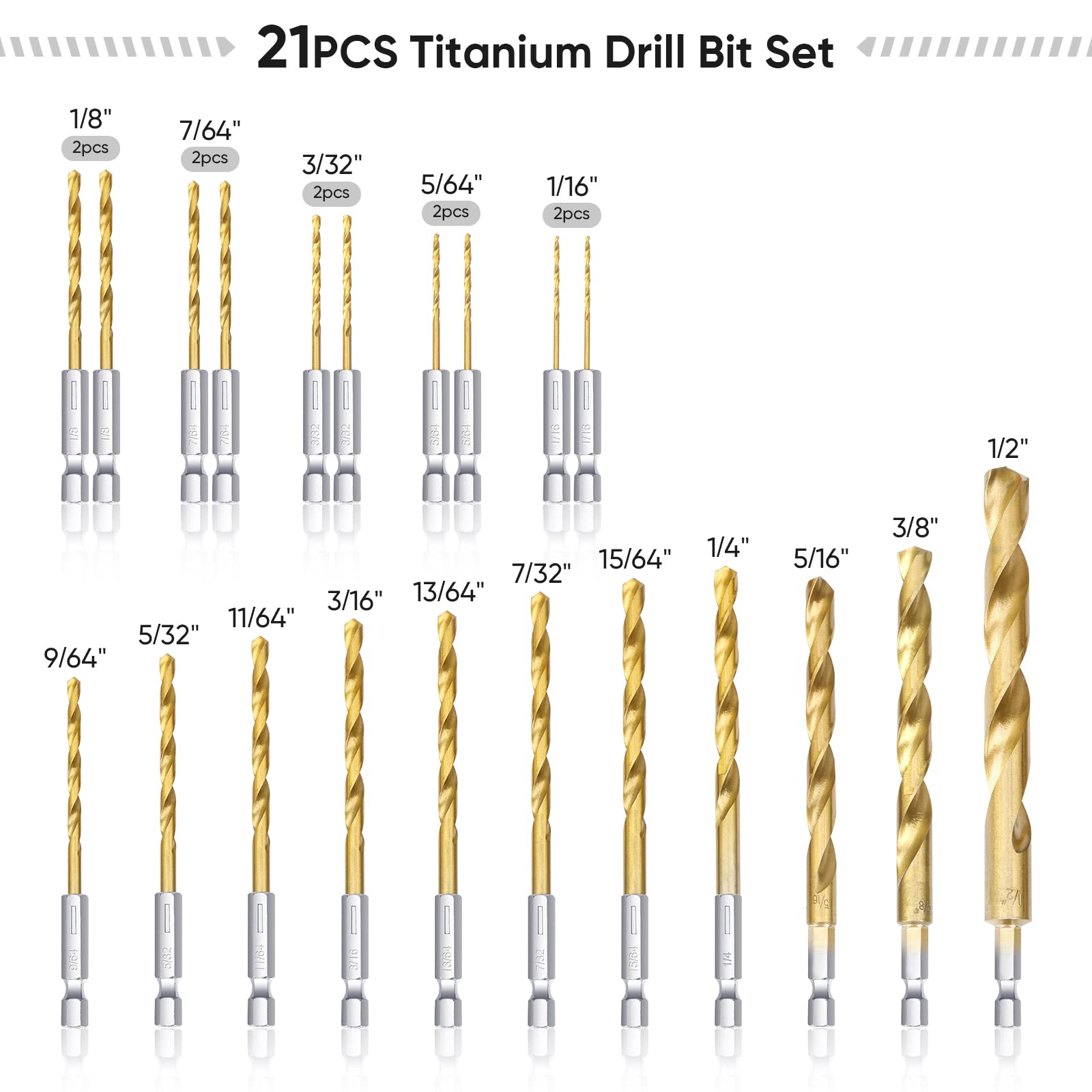 TICONN 21 PCS Titanium Coated Drill Bit Set with Hex Shank, 135 Degree Tip High Speed Steel Drill Bits Kit with Storage Case for Steel, Aluminum, Copper, Soft Alloy Steel Size from 1/16" to 1/2"