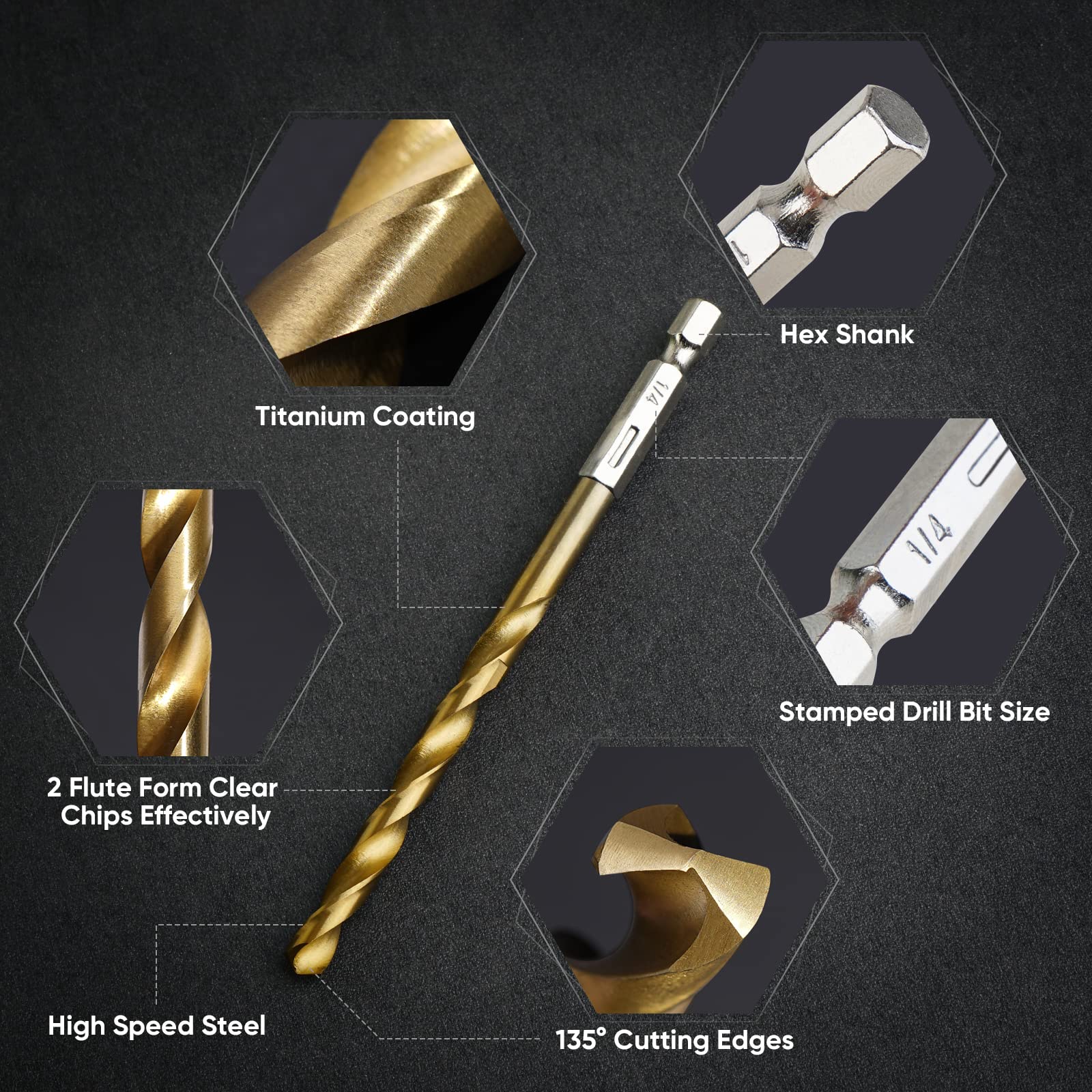 TICONN 21 PCS Titanium Coated Drill Bit Set with Hex Shank, 135 Degree Tip High Speed Steel Drill Bits Kit with Storage Case for Steel, Aluminum, Copper, Soft Alloy Steel Size from 1/16" to 1/2"