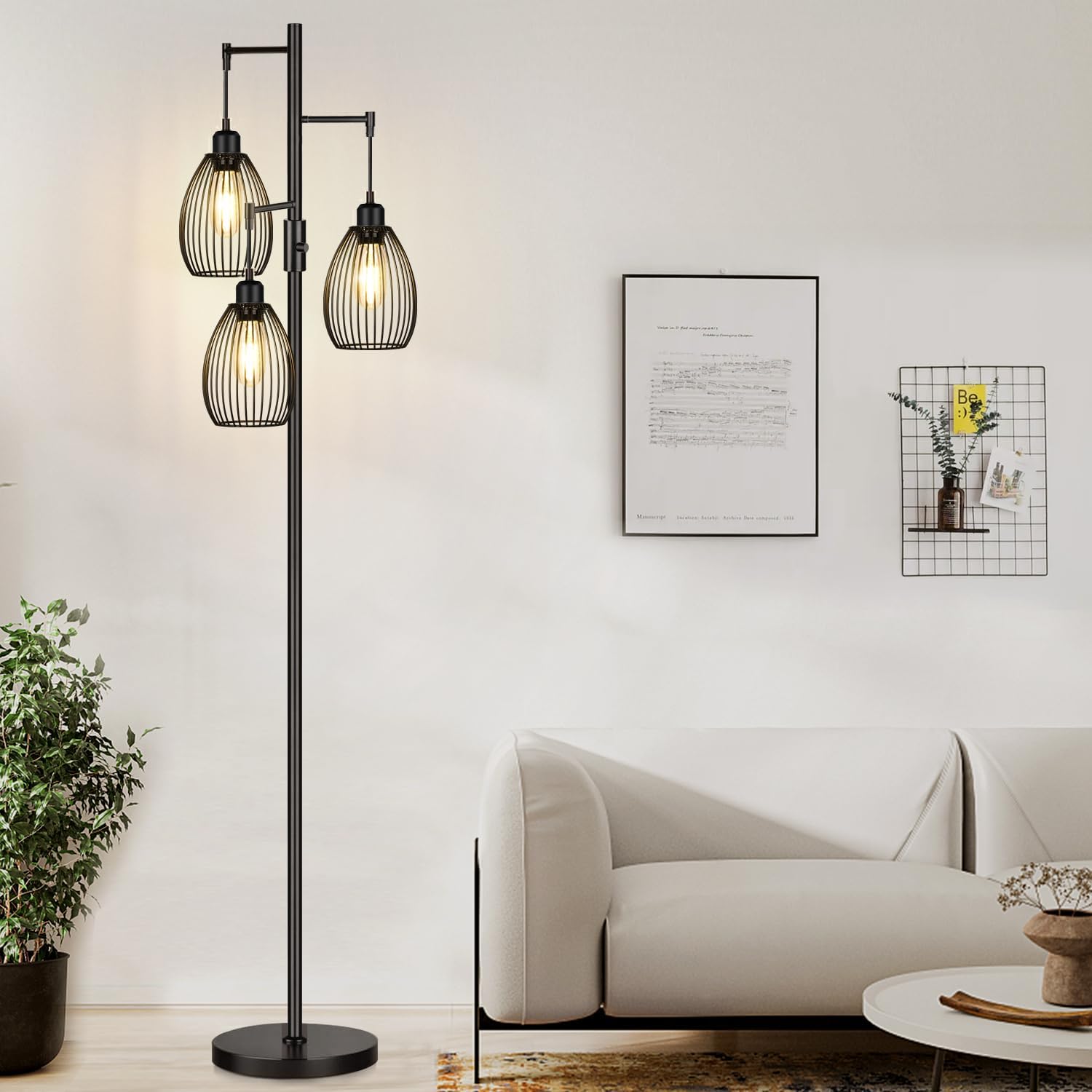Dimmable Floor Lamp, 3 x 800LM LED Edison Bulbs Included, Farmhouse Industrial Floor Lamp Standing Tree Lamp with Elegant Teardrop Cage Heads Tall Lamps for Living Room Bedroom Office Dining Room