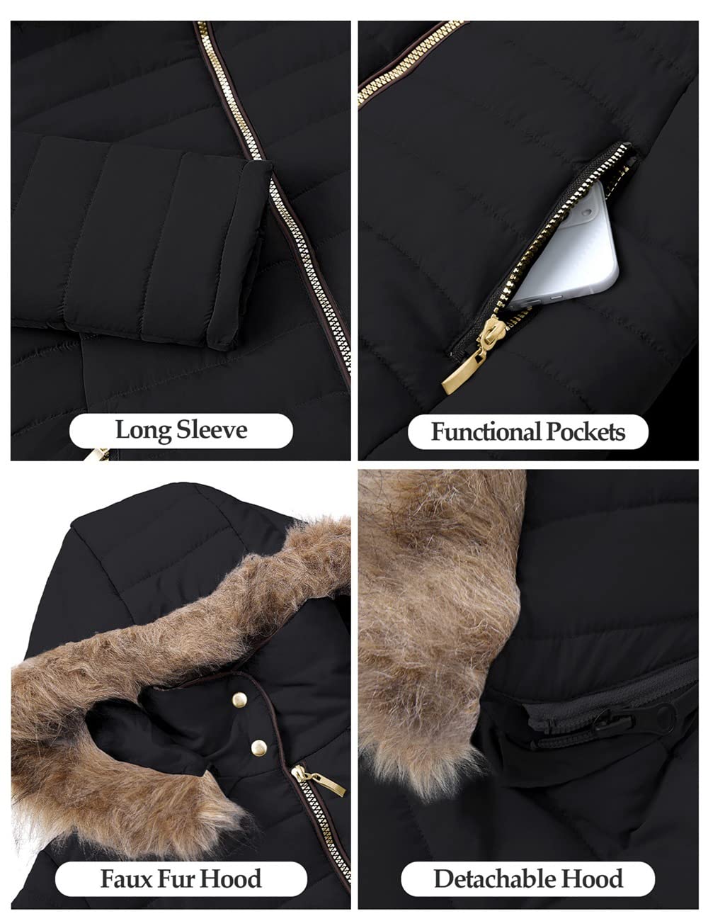 Vetinee Women Winter Jackets Jacket For Women Black Puffy Jacket Women Puffer Jacket Womens Womens Warm Coat Black Size Large Size 12 Size 14