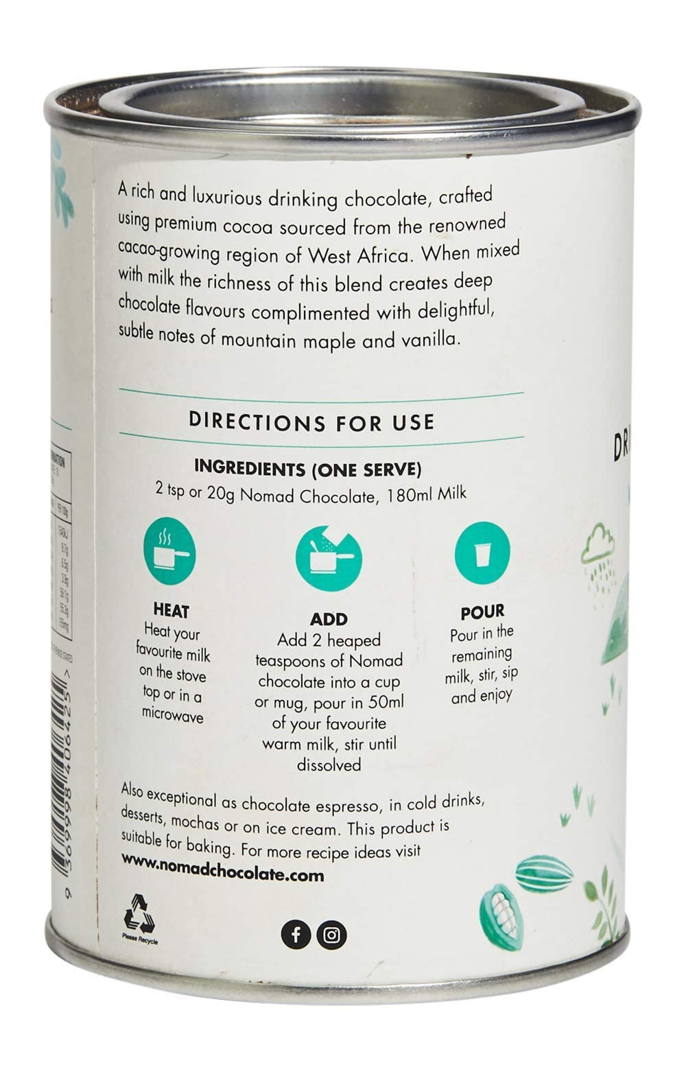 Nomad Chocolate - Hot Chocolate West Africa Cocoa 45% Dark, Plant-based, Vegan, Gluten-Free, GMO-Free, All Natural Ingredients, 7.1oz