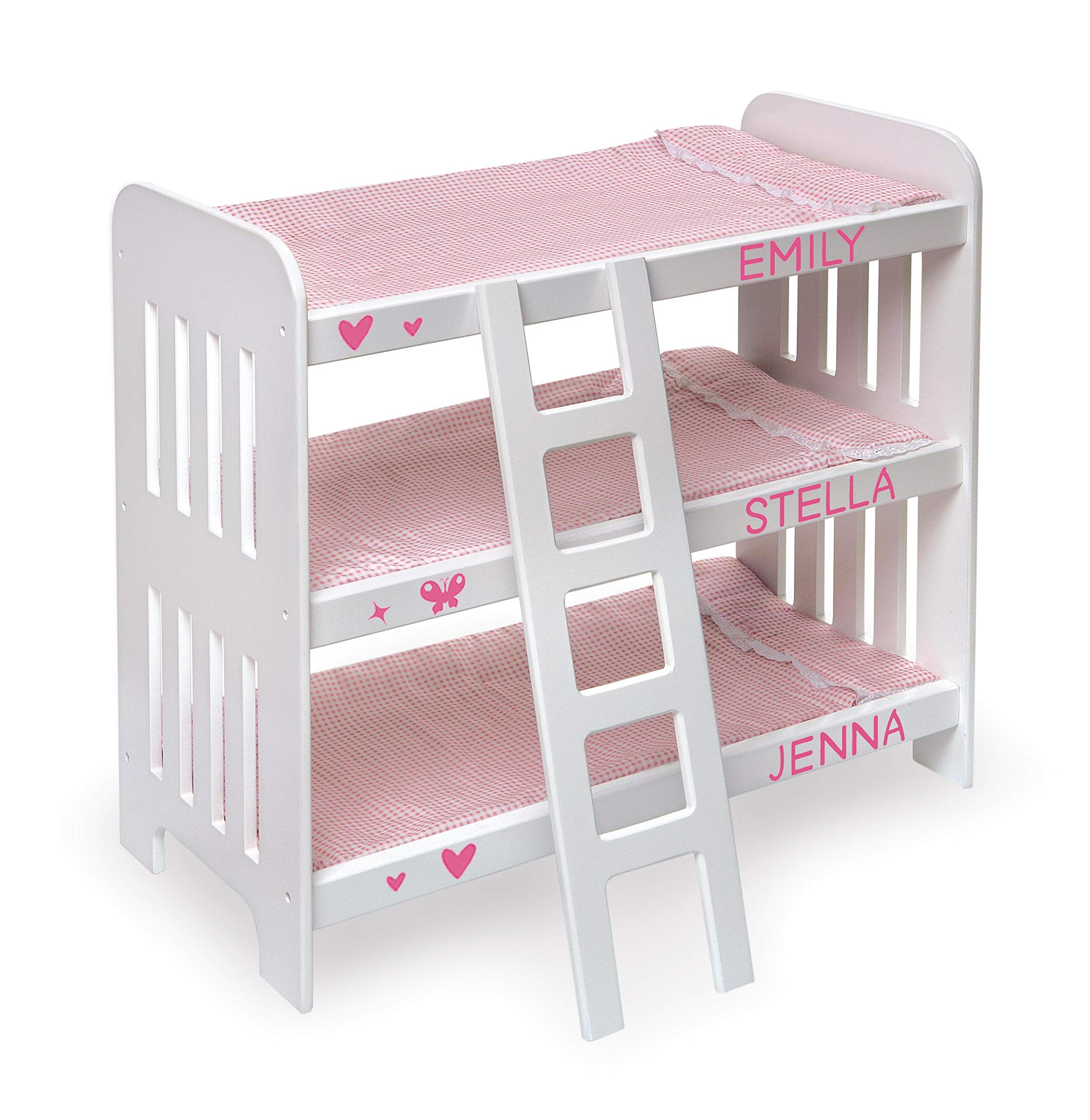 Badger Basket Triple Doll Bunk Bed with Ladder and Bedding for 20-Inch Dolls – Pink Gingham Design with Personalization Kit