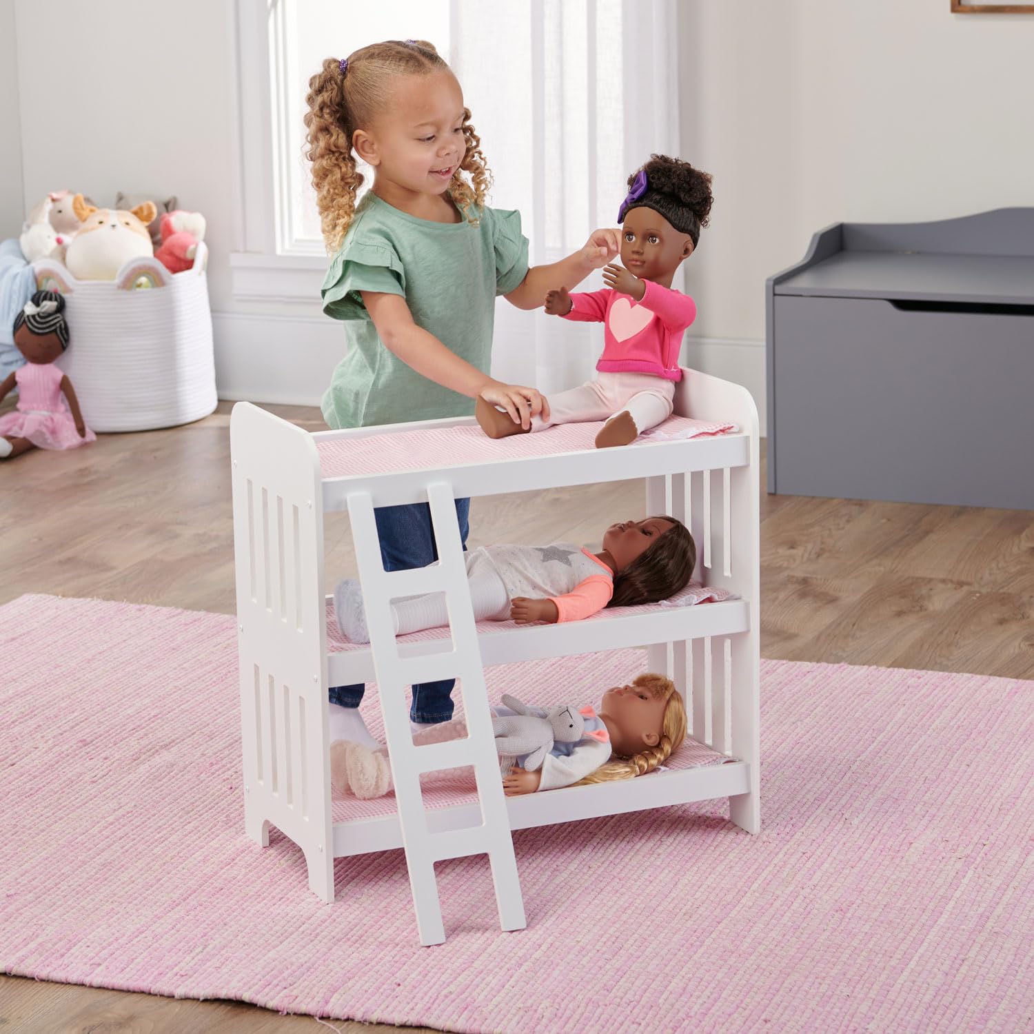 Badger Basket Triple Doll Bunk Bed with Ladder and Bedding for 20-Inch Dolls – Pink Gingham Design with Personalization Kit