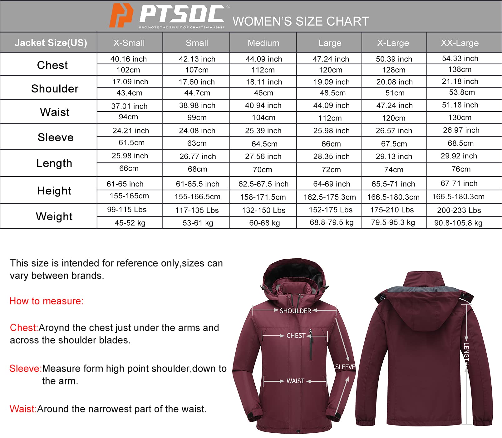 PTSOC Women's 3 in 1 Waterproof Ski Jacket Warm Winter Snow Coat Windproof Hooded Snowboarding Raincoat Wine Red Small