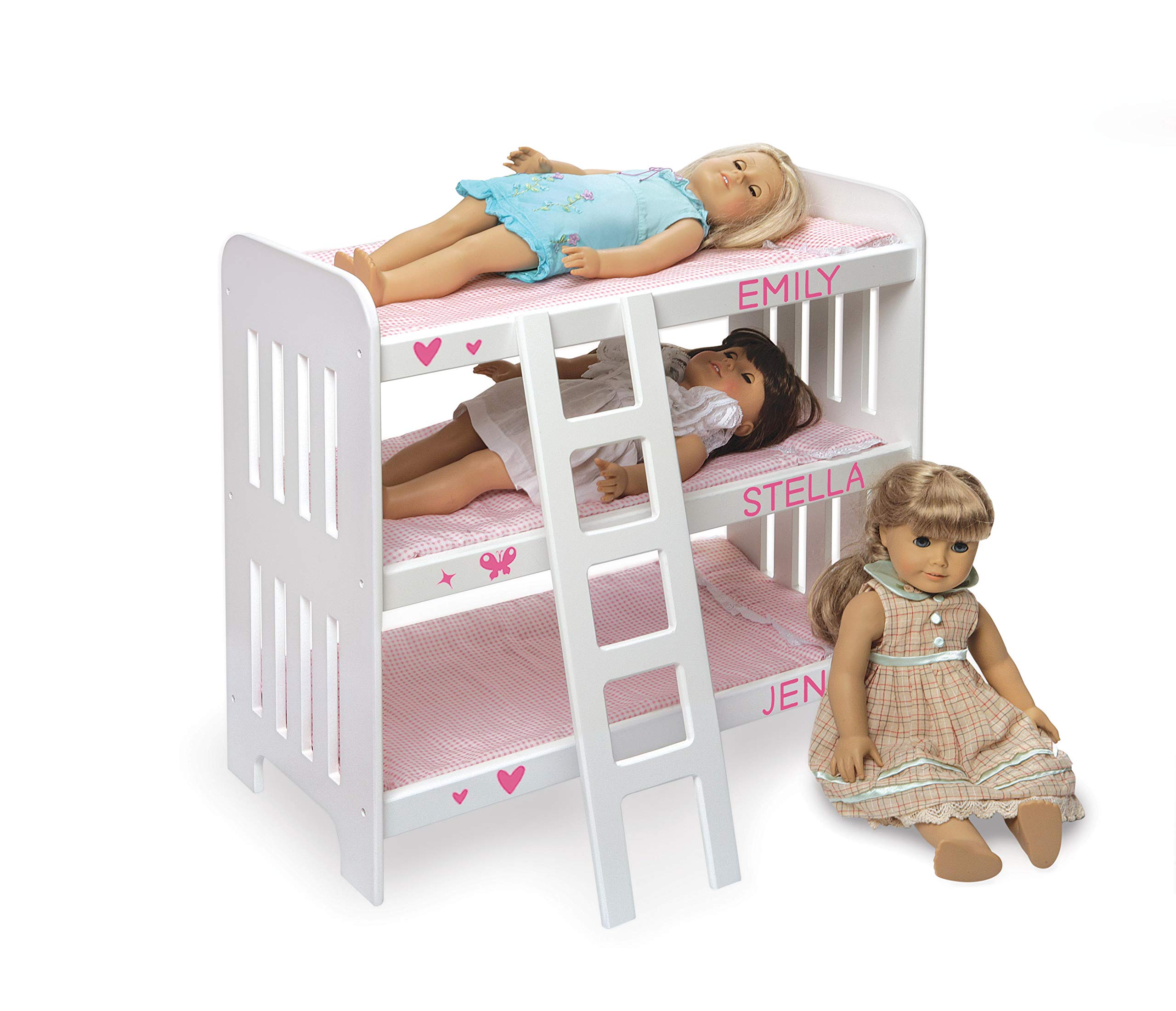 Badger Basket Triple Doll Bunk Bed with Ladder and Bedding for 20-Inch Dolls – Pink Gingham Design with Personalization Kit
