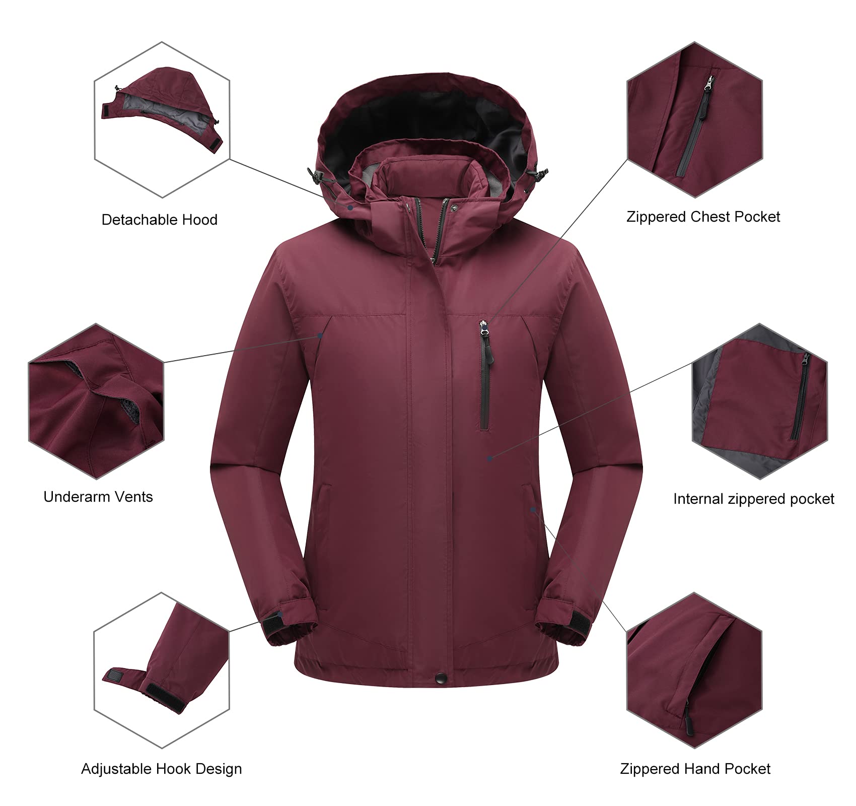 PTSOC Women's 3 in 1 Waterproof Ski Jacket Warm Winter Snow Coat Windproof Hooded Snowboarding Raincoat Wine Red Small