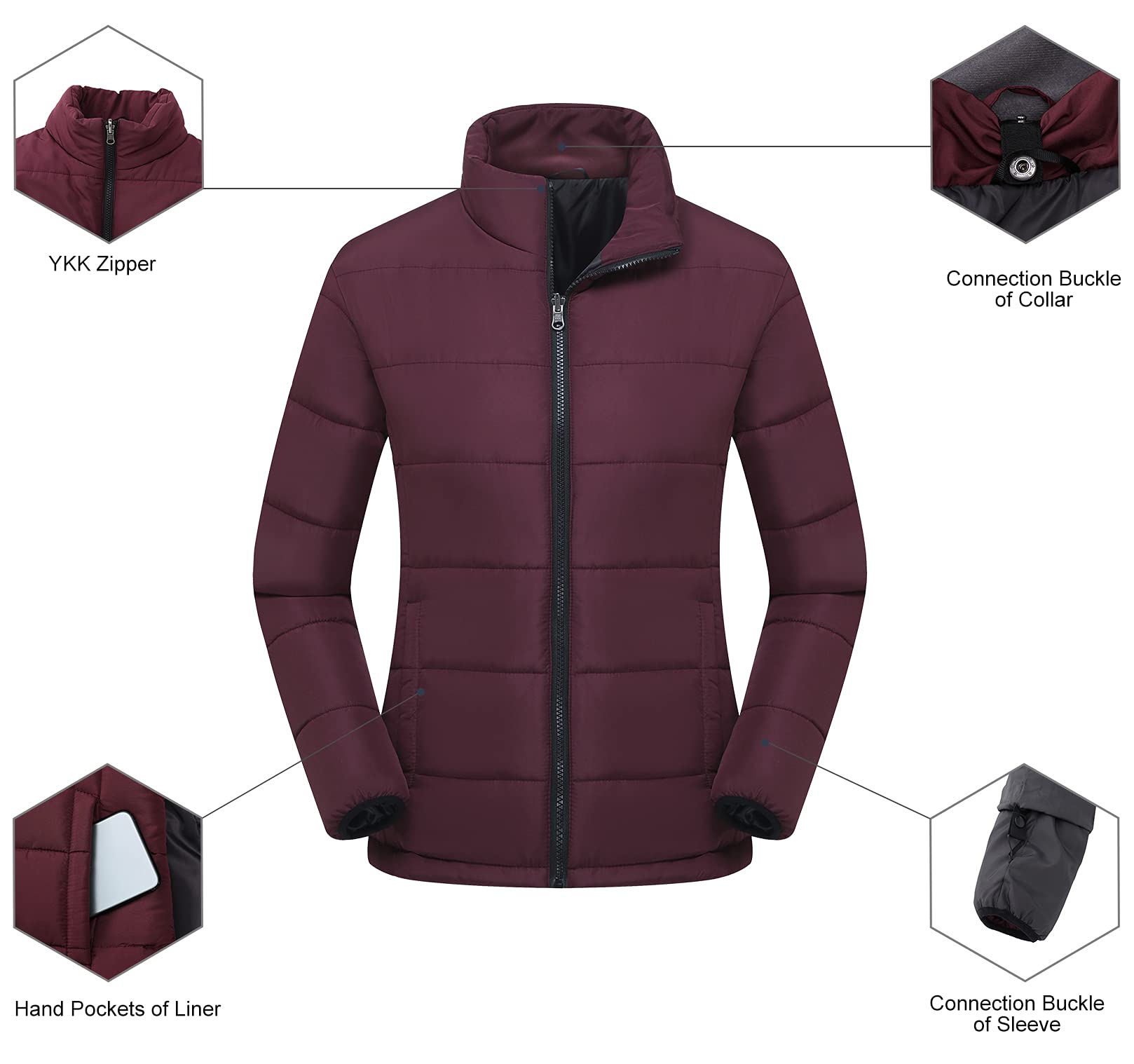 PTSOC Women's 3 in 1 Waterproof Ski Jacket Warm Winter Snow Coat Windproof Hooded Snowboarding Raincoat Wine Red Small