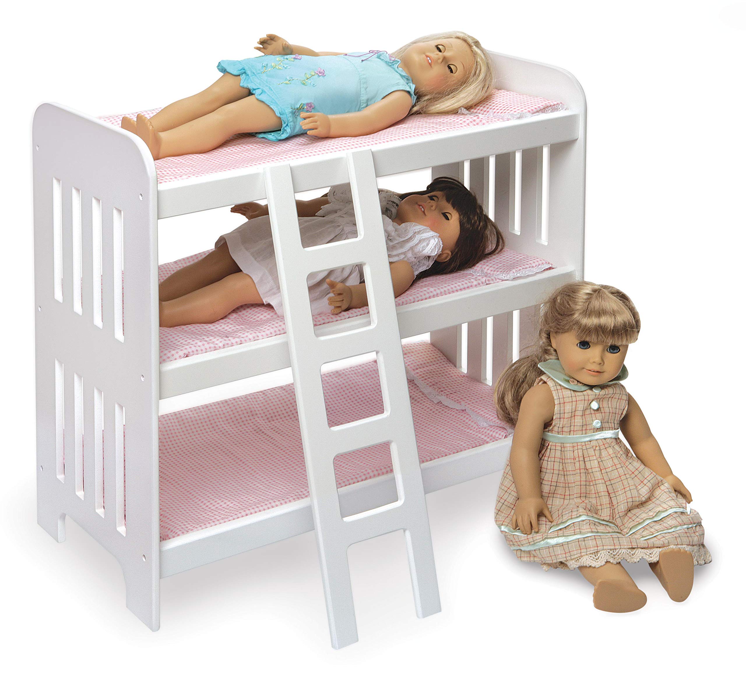 Badger Basket Triple Doll Bunk Bed with Ladder and Bedding for 20-Inch Dolls – Pink Gingham Design with Personalization Kit