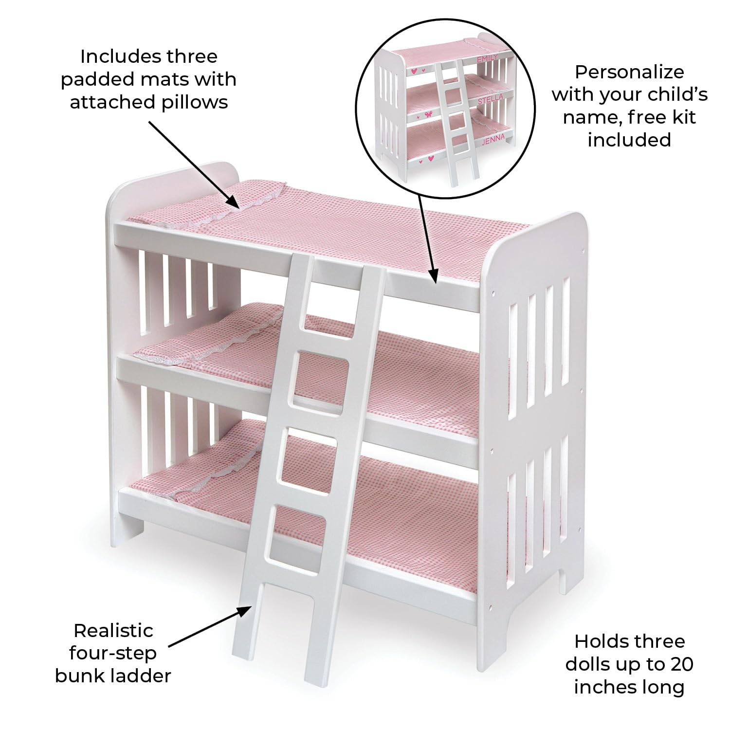 Badger Basket Triple Doll Bunk Bed with Ladder and Bedding for 20-Inch Dolls – Pink Gingham Design with Personalization Kit