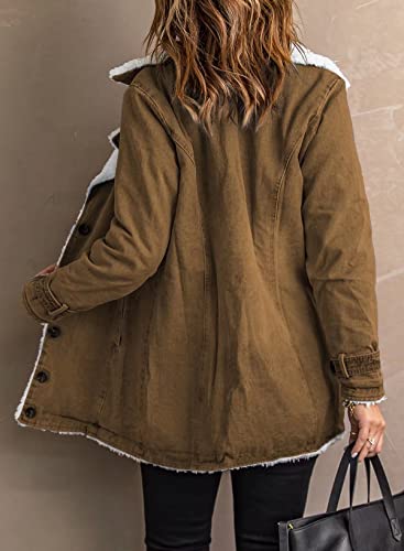 Dokotoo Womens Winter Coats Long Sleeve Jean Denim Fleece Jacket Autumn Collar Button Down Cozy Fluffy Sherpa Pocketed Jackets Outerwear Khaki Large