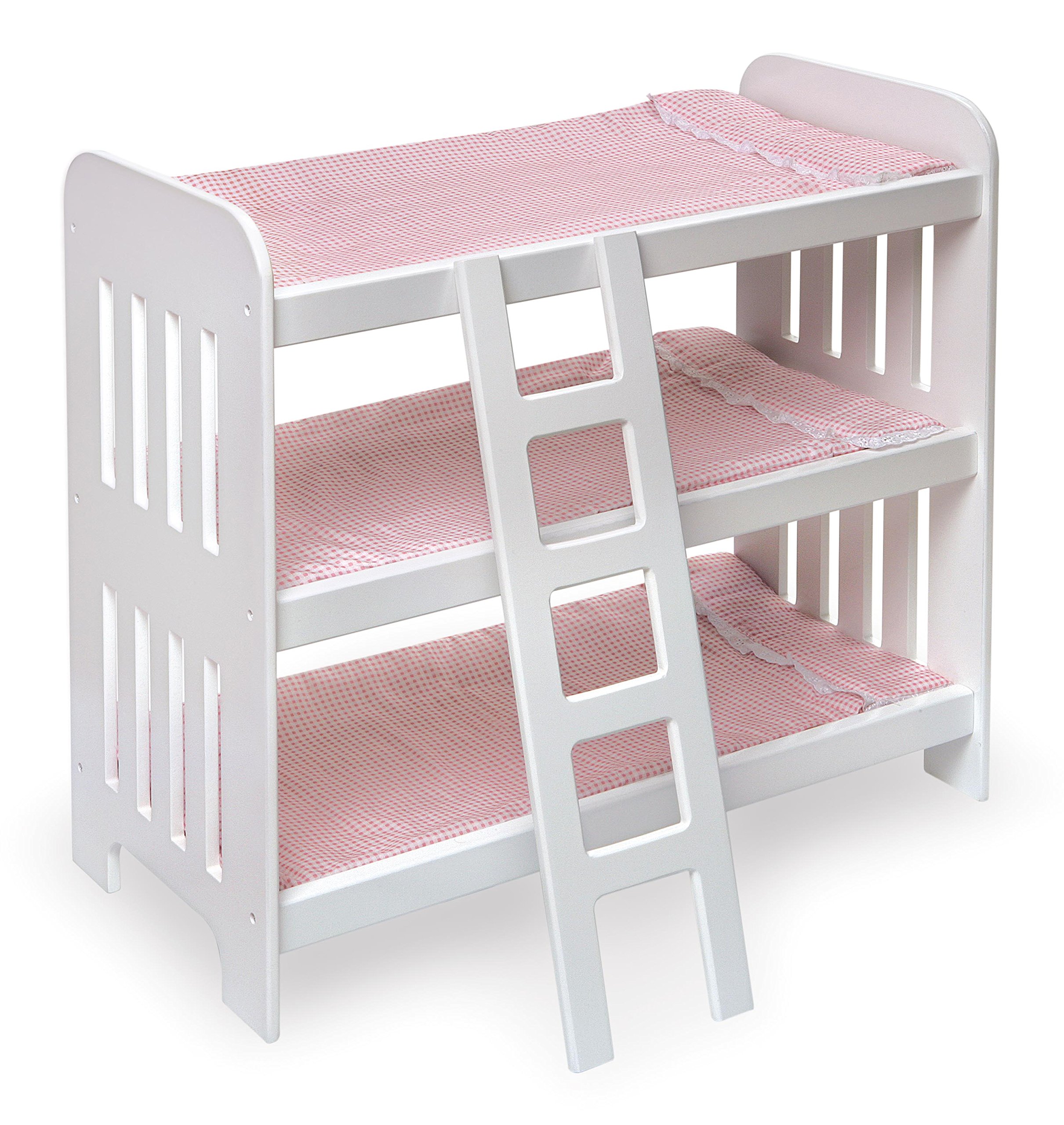 Badger Basket Triple Doll Bunk Bed with Ladder and Bedding for 20-Inch Dolls โ Pink Gingham Design with Personalization Kit