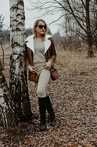 Dokotoo Womens Winter Coats Long Sleeve Jean Denim Fleece Jacket Autumn Collar Button Down Cozy Fluffy Sherpa Pocketed Jackets Outerwear Khaki Large