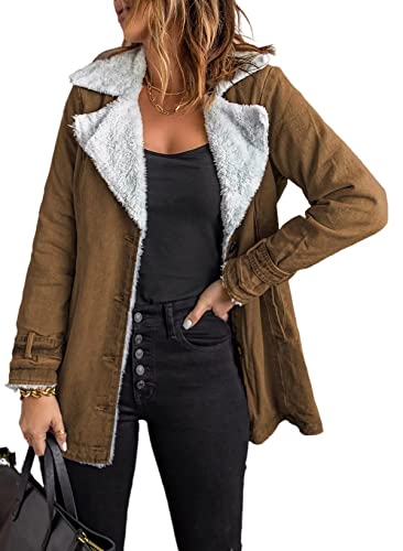 Dokotoo Womens Winter Coats Long Sleeve Jean Denim Fleece Jacket Autumn Collar Button Down Cozy Fluffy Sherpa Pocketed Jackets Outerwear Khaki Large