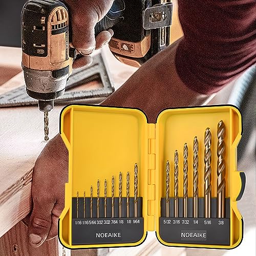 Cobalt Drill Bit Set,NOEAIKE 15-Pack M35 HSS Metal Drill Bits,Twist Jobber Length Cobalt Drill Bits Size 1/16"-3/8" for Hardened Steel,Stainless Steel,Cast Iron,Aluminum Alloy,Wood with Storage Case
