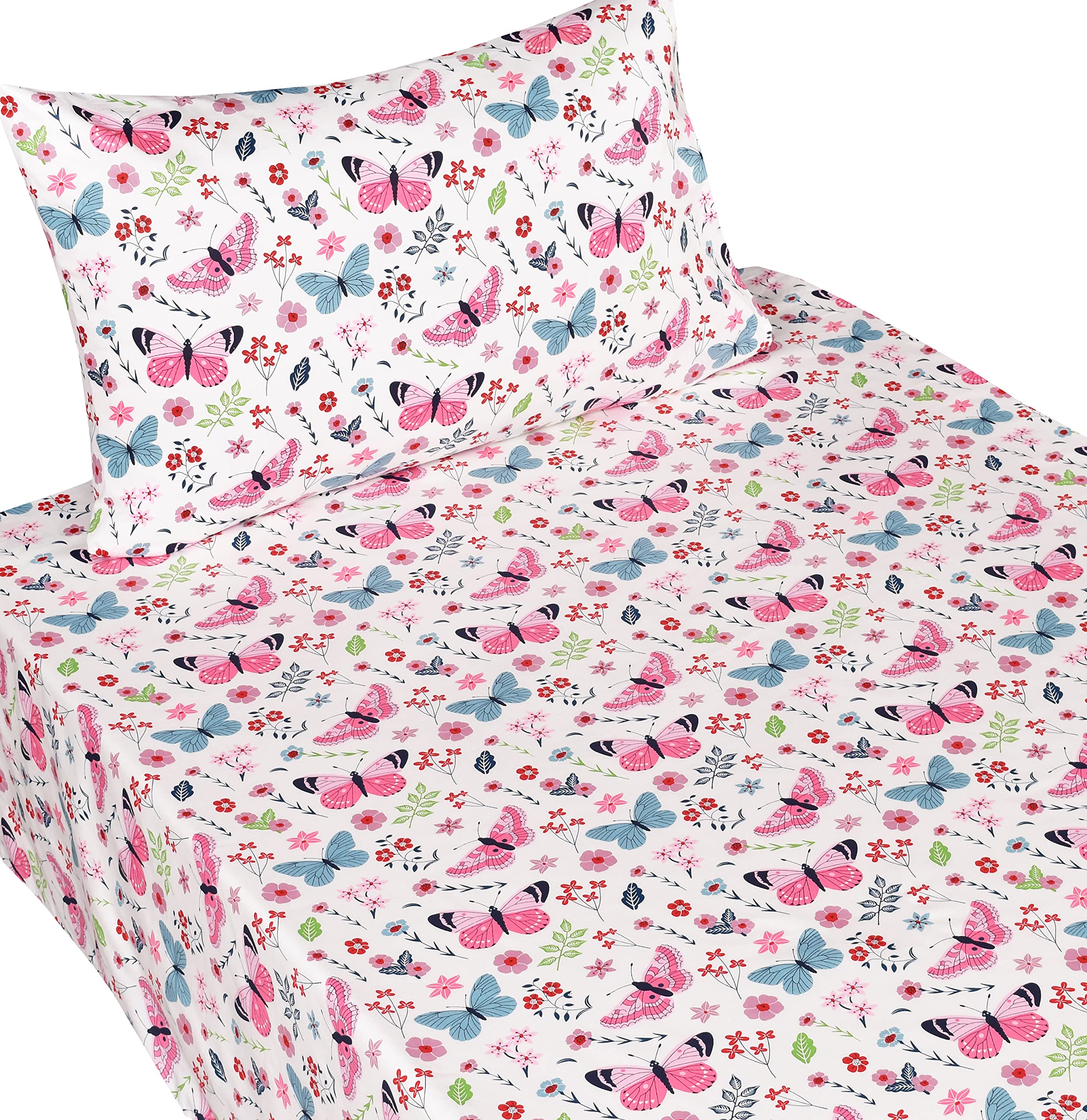 Scientific Sleep Butterfly Pink Flower 100% Cotton Cozy Fun Twin Bed Sheet Set, Flat Sheet & Fitted Sheet & Pillowcase Kids Boys Girls Bedding Set