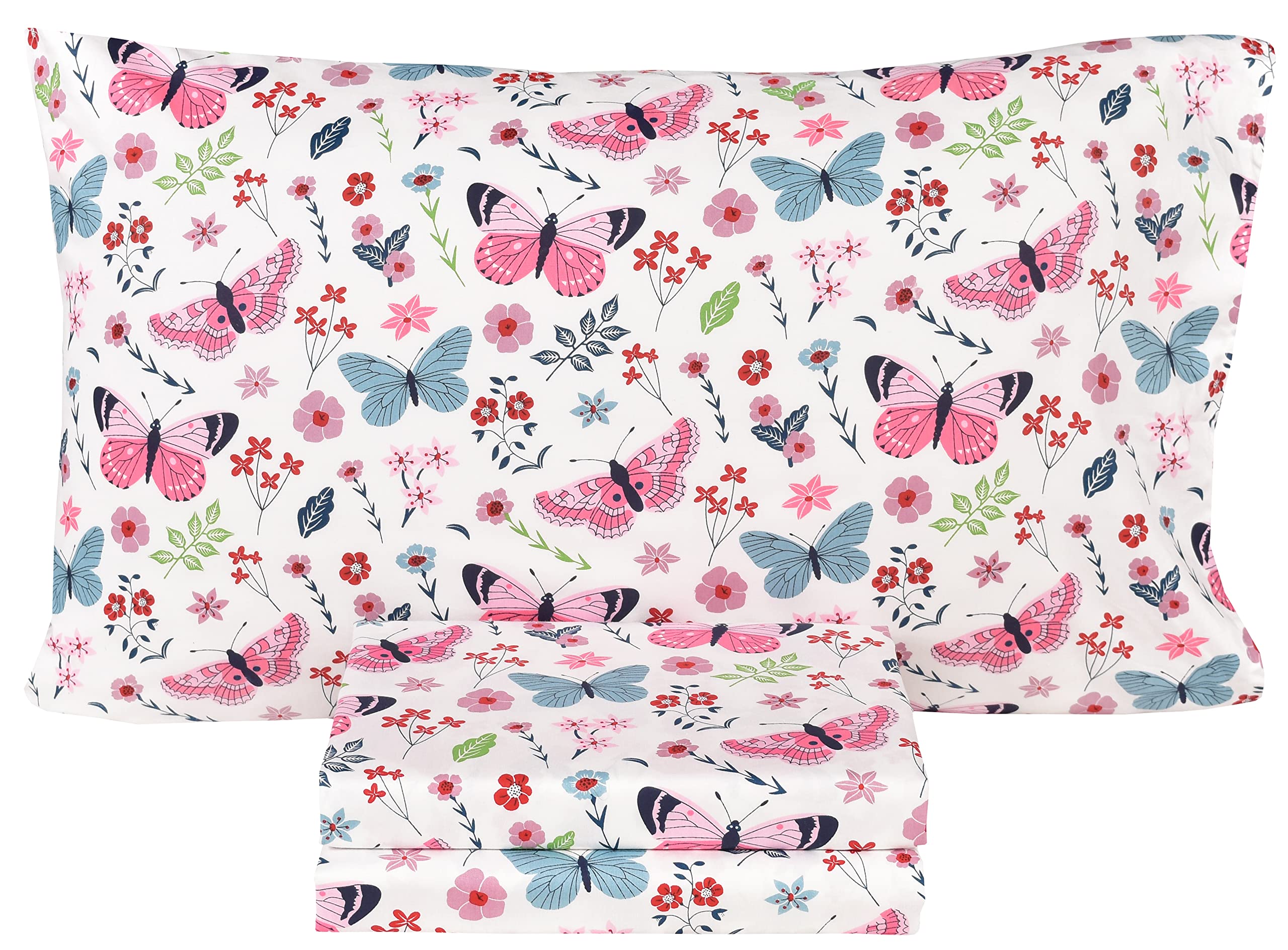 Scientific Sleep Butterfly Pink Flower 100% Cotton Cozy Fun Twin Bed Sheet Set, Flat Sheet & Fitted Sheet & Pillowcase Kids Boys Girls Bedding Set