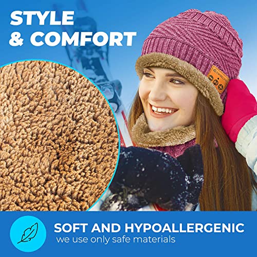 Bluetooth Beanie Wireless Hat with Scarf β Pink Headphone Beanie Hat with Upgraded Bluetooth 5.0 - Wireless Beanie Bluetooth Hat for Women - Warm Knitted Fleece Music Hat - Gorros con Bluetooth