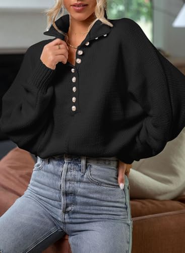 EVALESS Womens Fall Knit Chunky Oversized Sweater 2024 Trendy Fashion Stand Collar Button-Up Long Sleeve V Neck Pullover Tops Outfits Clothes Black X-Large
