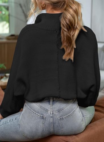 EVALESS Womens Fall Knit Chunky Oversized Sweater 2024 Trendy Fashion Stand Collar Button-Up Long Sleeve V Neck Pullover Tops Outfits Clothes Black X-Large
