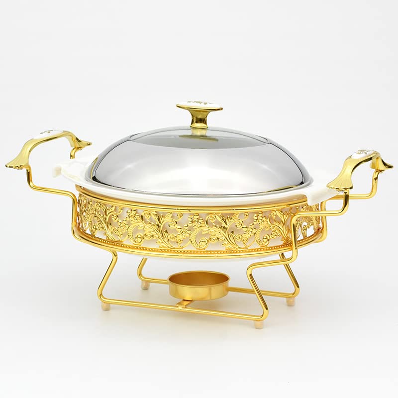 13inch Buffet Food Tray Stainless Steel Chafing Buffet Dish Round Chafer Full Size Food Warmer Heating Pan Large Capacity Serving Tray with Lid for Home Restaurant Canteen Warm Buffet Server,Gold