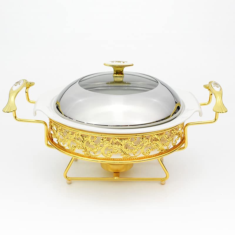 13inch Buffet Food Tray Stainless Steel Chafing Buffet Dish Round Chafer Full Size Food Warmer Heating Pan Large Capacity Serving Tray with Lid for Home Restaurant Canteen Warm Buffet Server,Gold