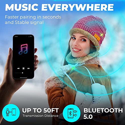 Bluetooth Beanie Wireless Hat with Scarf β Pink Headphone Beanie Hat with Upgraded Bluetooth 5.0 - Wireless Beanie Bluetooth Hat for Women - Warm Knitted Fleece Music Hat - Gorros con Bluetooth